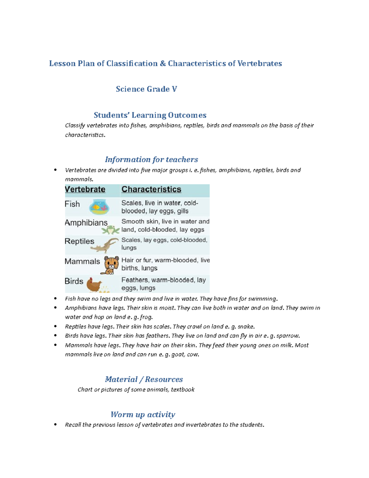Lesson Plan of Classification 2 - Information for teachers Vertebrates ...