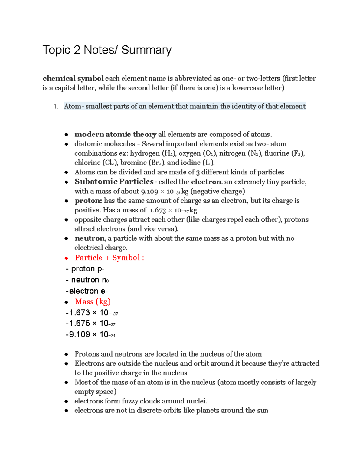 Chemistry Topic 2 Summary - Topic 2 Notes/ Summary chemical symbol each ...