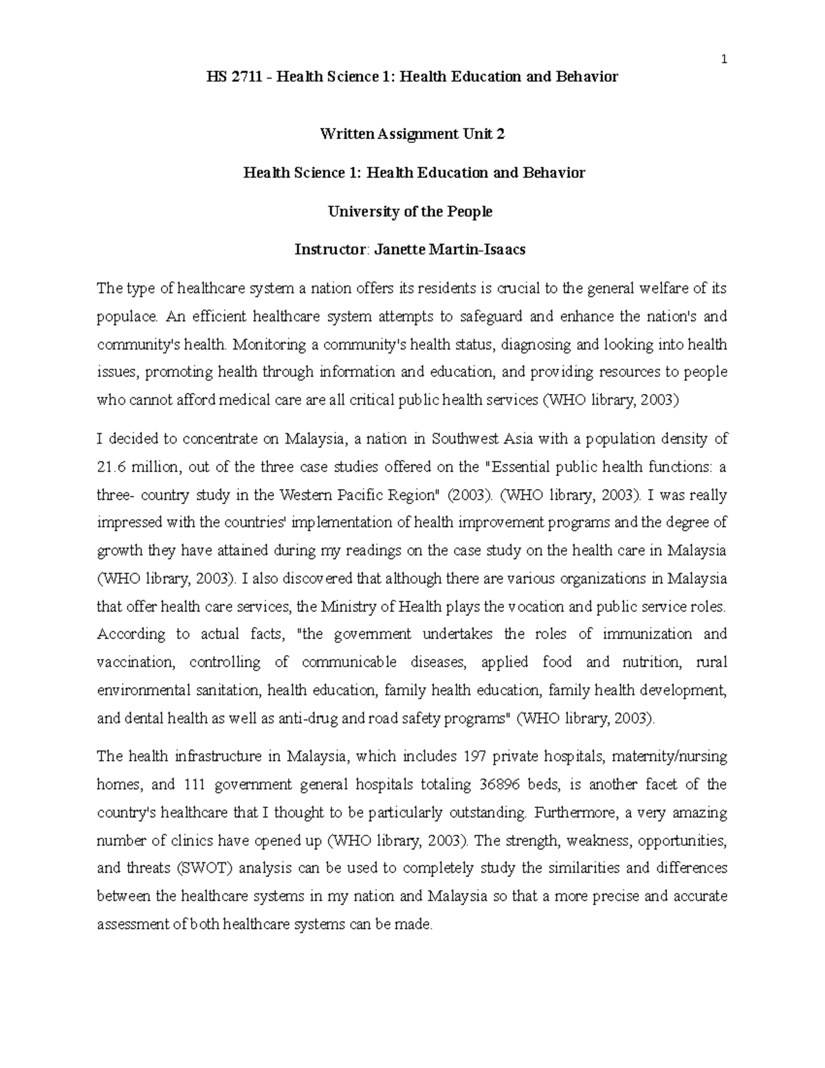 Written Assignment Unit 2 2711 - HS 2711 - Health Science 1: Health ...