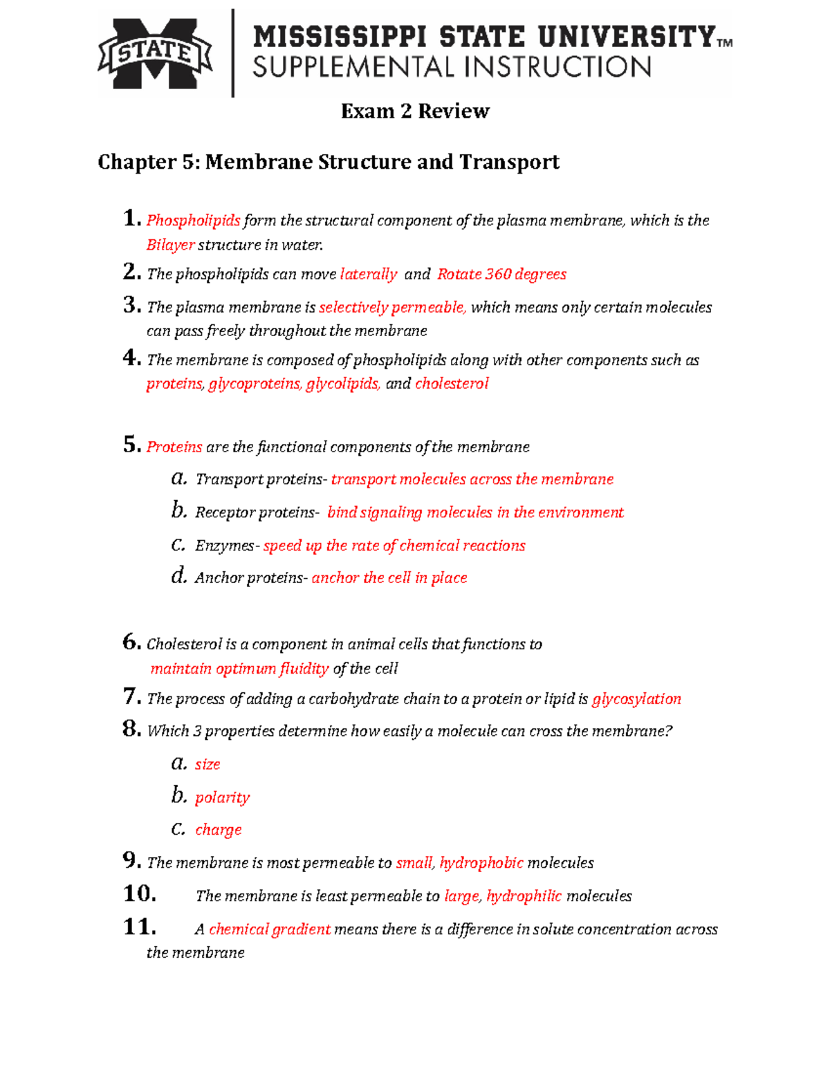 Bio1SIExam 2Review KEY 2 - Exam 2 Review Chapter 5: Membrane Structure ...