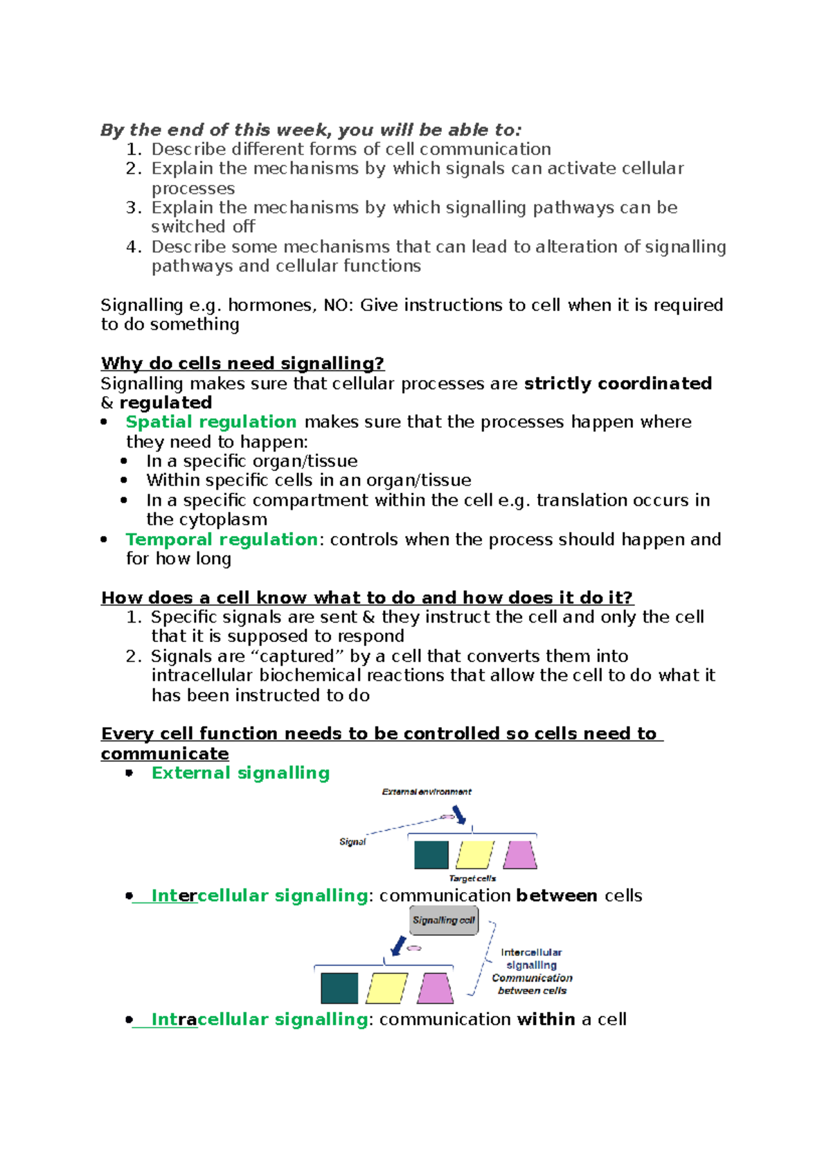 Week 6 cell signalling - By the end of this week, you will be able to ...