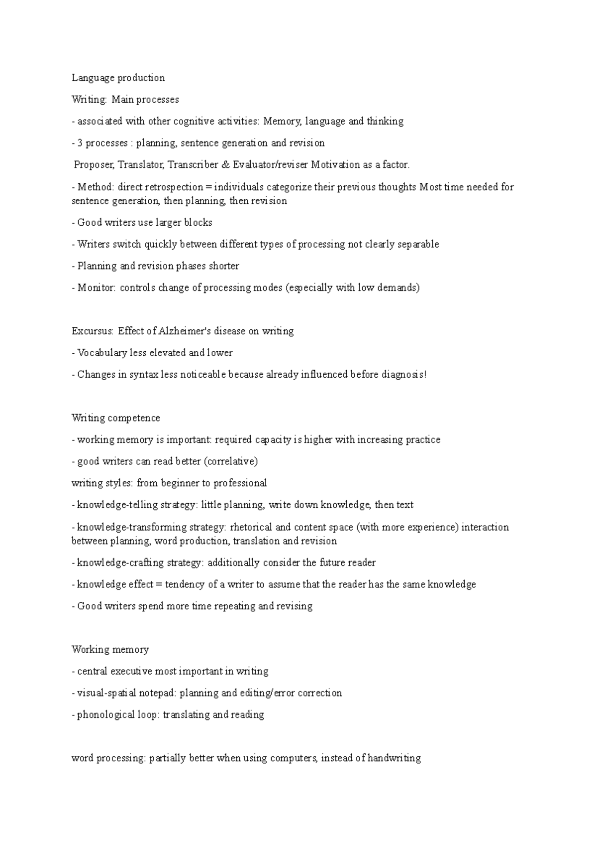 Language production - Lecture notes 7 - Language production Writing ...