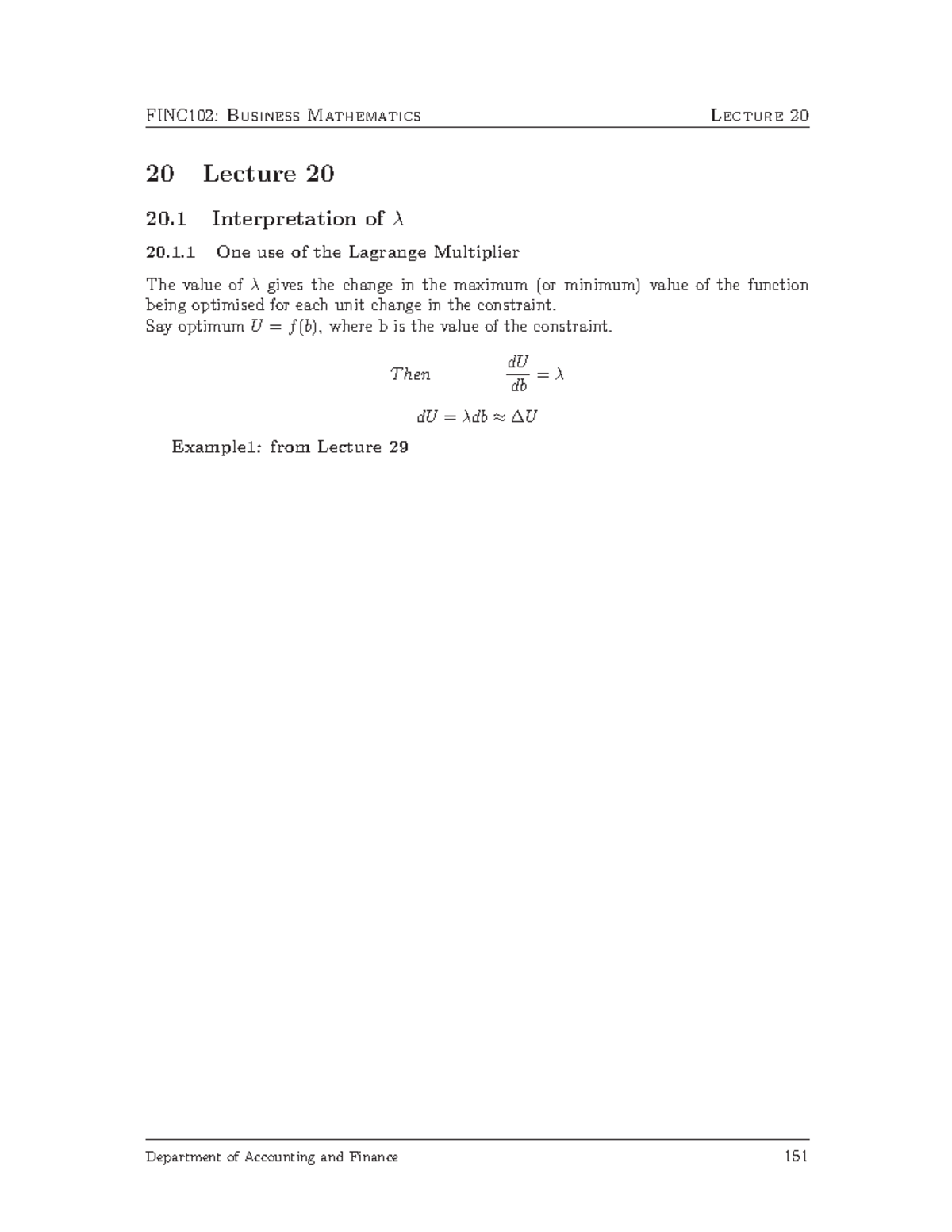 FINC102- Lecture 20 - FINC102:Business Mathematics Lecture 20 20 ...