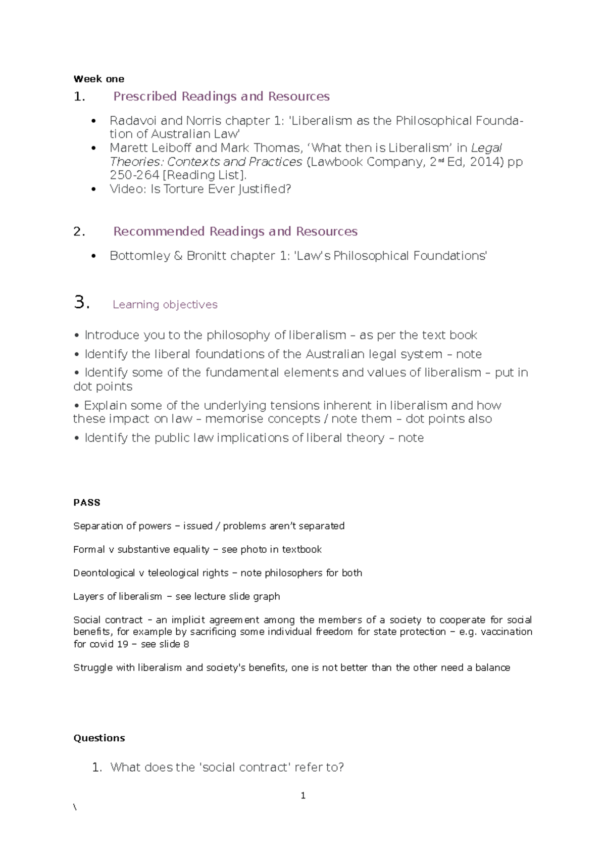 101 Readings - Law 101 tutorial questions - Week one Prescribed ...