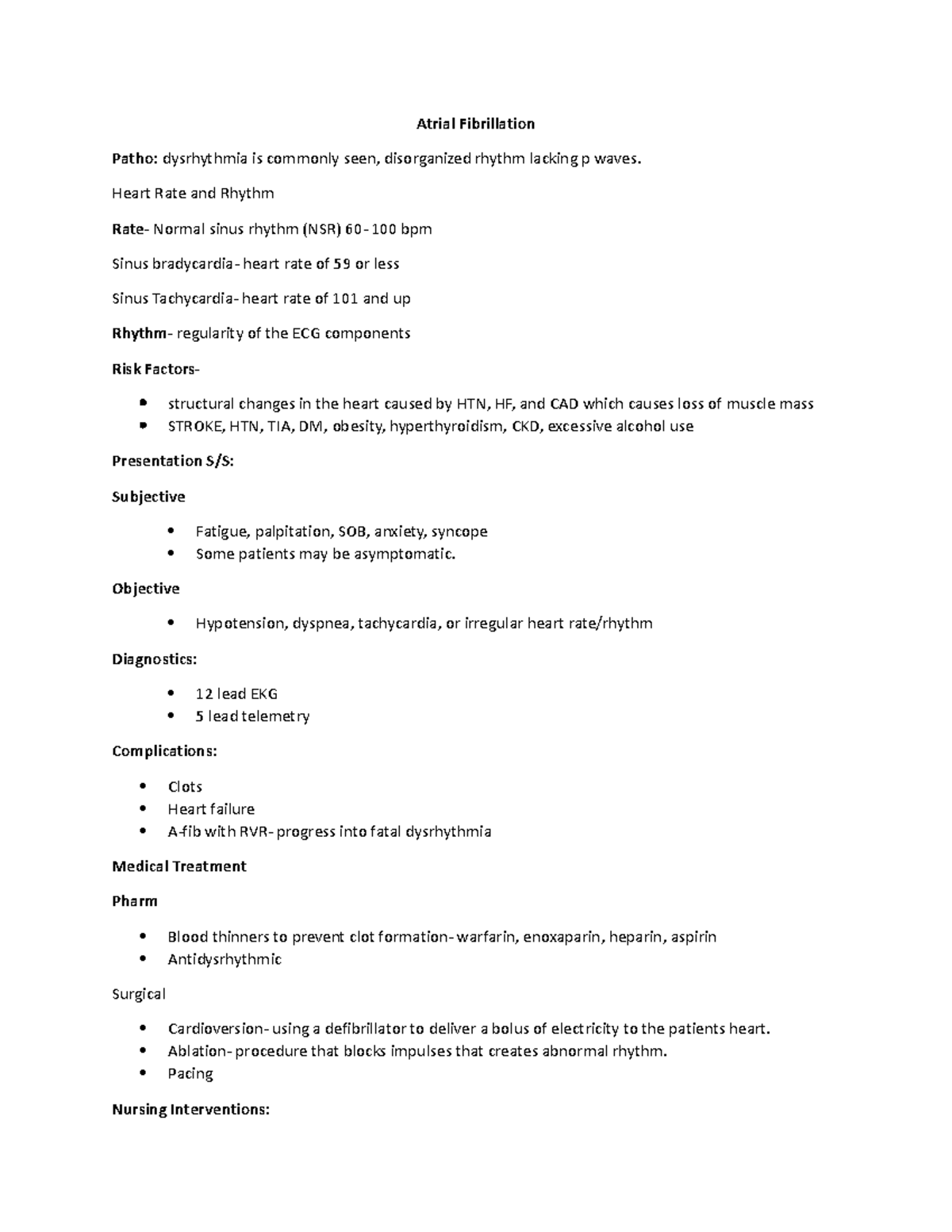 Atrial Fib Hosey notes copy - Atrial Fibrillation Patho: dysrhythmia is ...