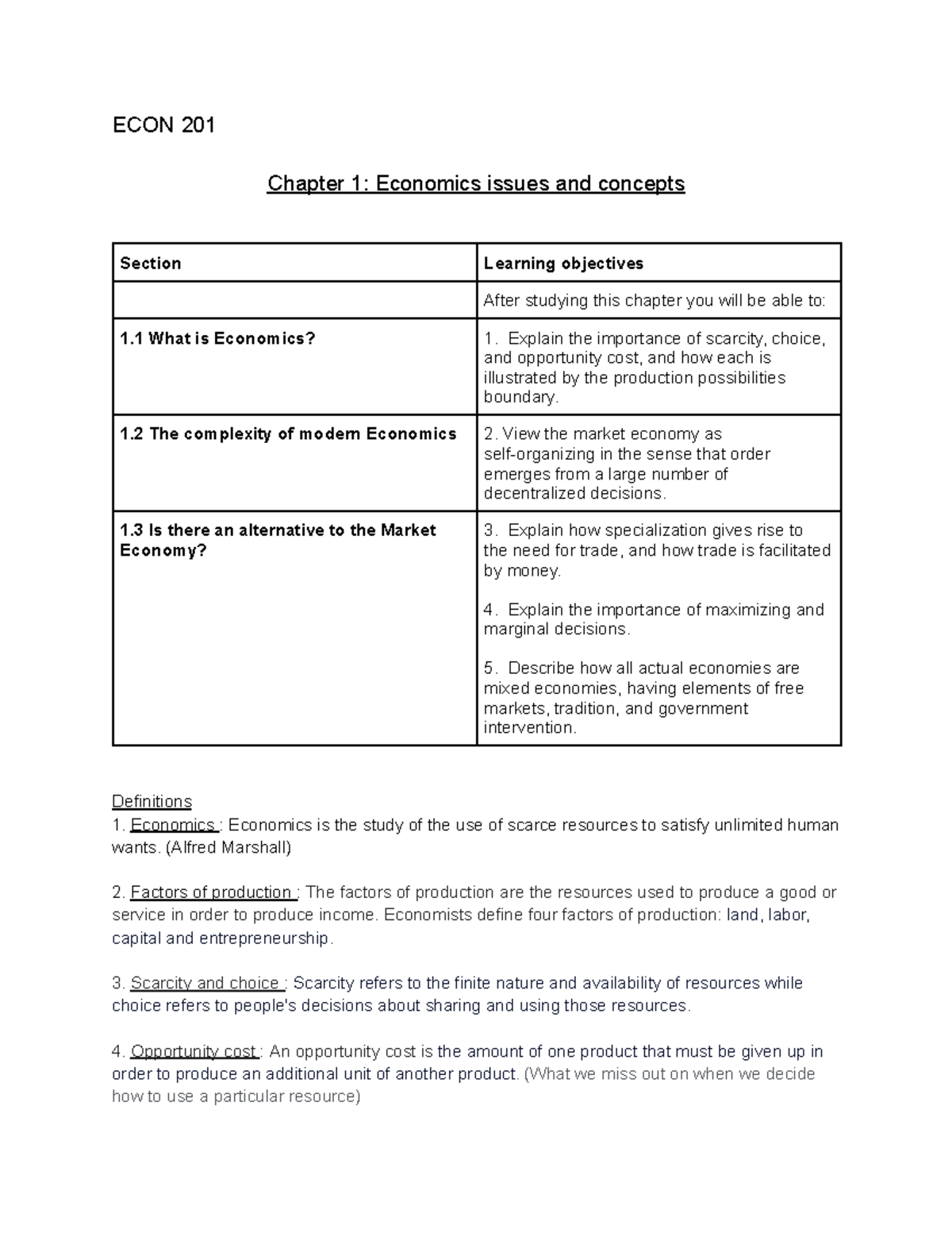 ECON 201 - Chapter 1 (Economic issues and concepts) - ECON 201 Chapter 1: Economics issues and ...