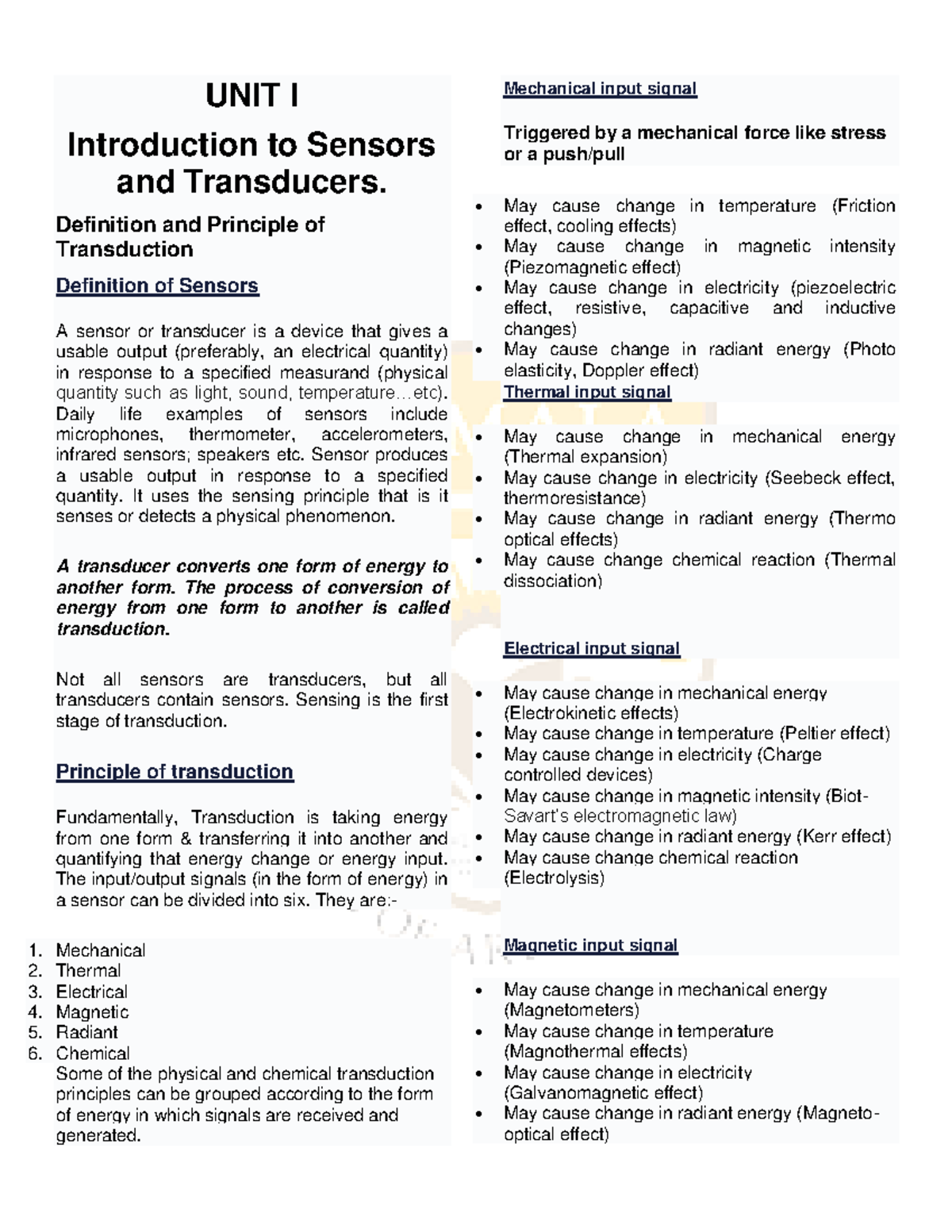 Tranducer note - A12 - UNIT I Introduction to Sensors and Transducers. Definition and Principle ...