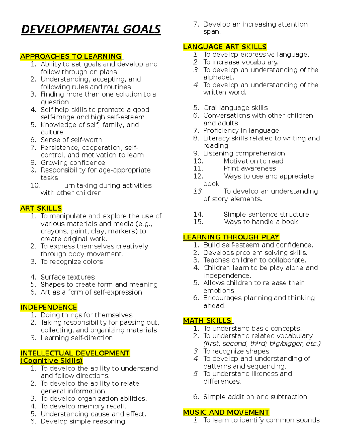Updated Developmental Goals - DEVELOPMENTAL GOALS APPROACHES TO ...