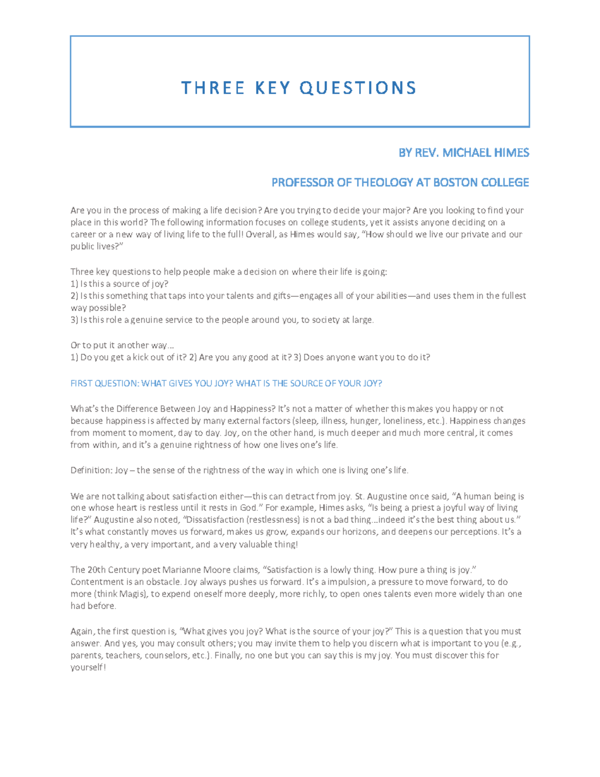 Three Key Questions - Practice - BY REV. MICHAEL HIMES PROFESSOR OF ...