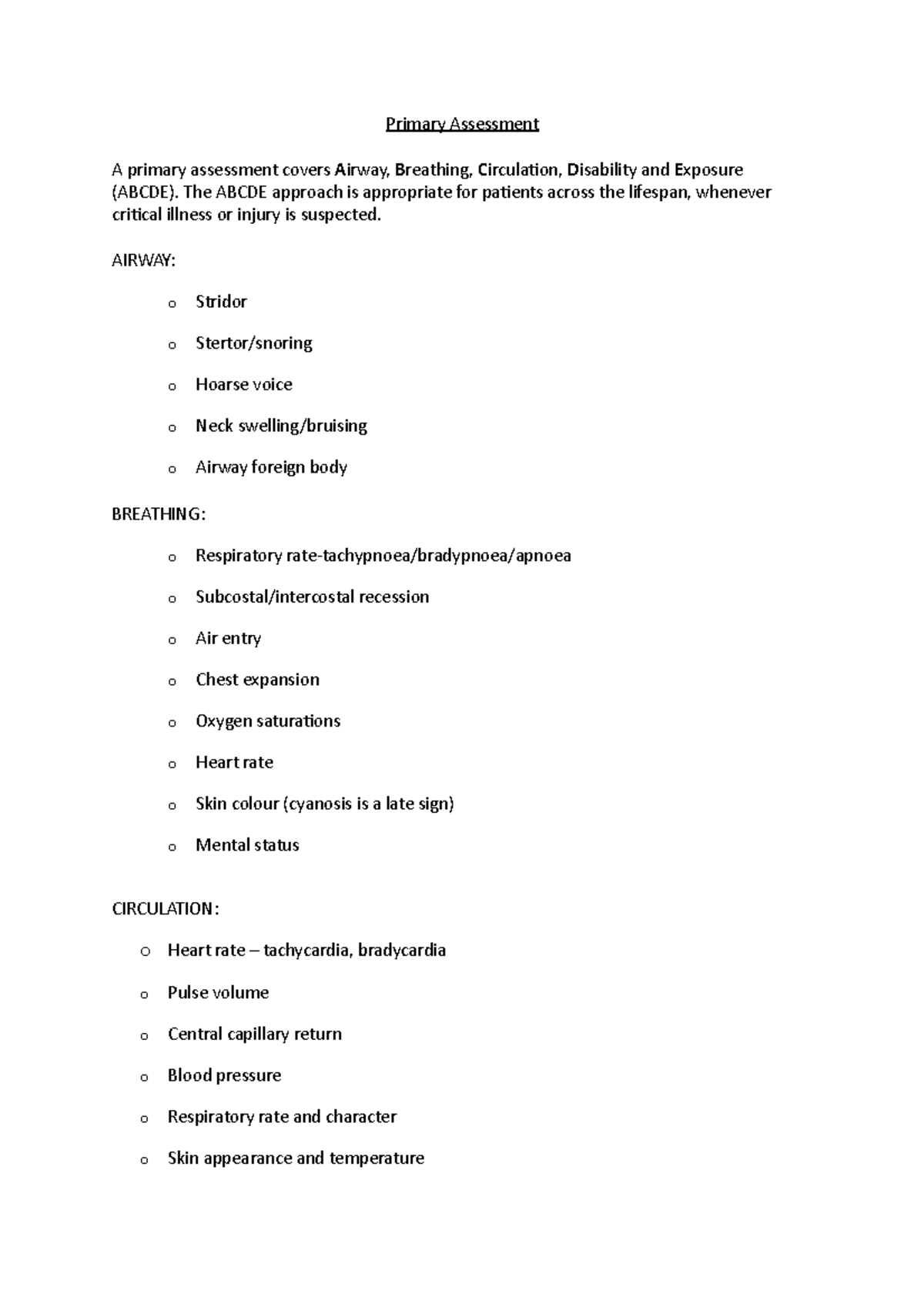 Primary Nursing Assessment - Primary Assessment A primary assessment ...