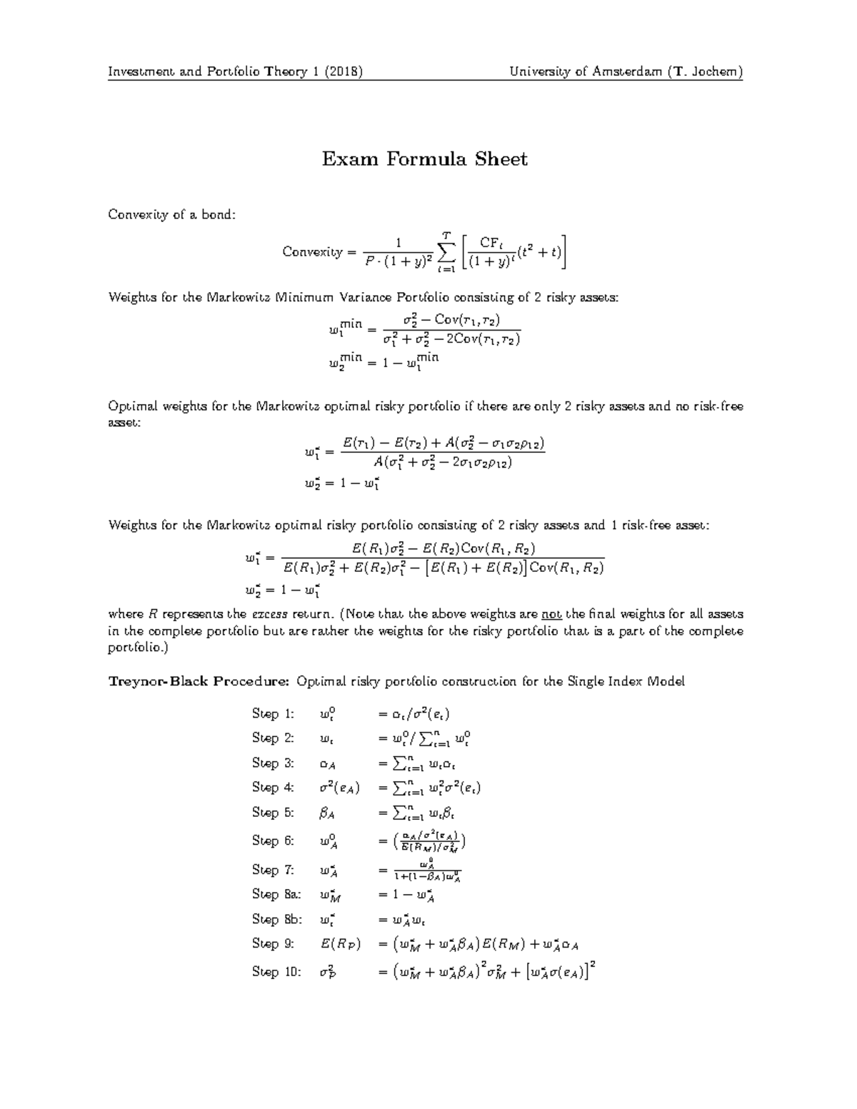 Formula Sheet Exam - Investment and Portfolio Theory 1 (2018 ...