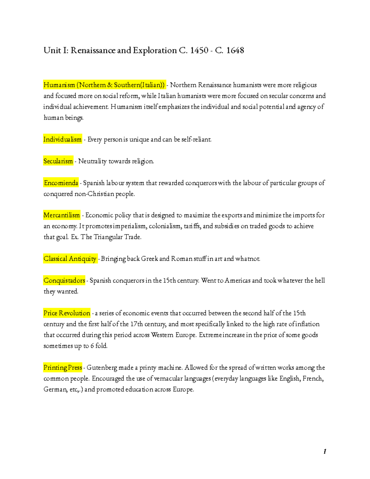 1 - Humanism and mercantilism. Studies in European History, ASU. - Unit ...