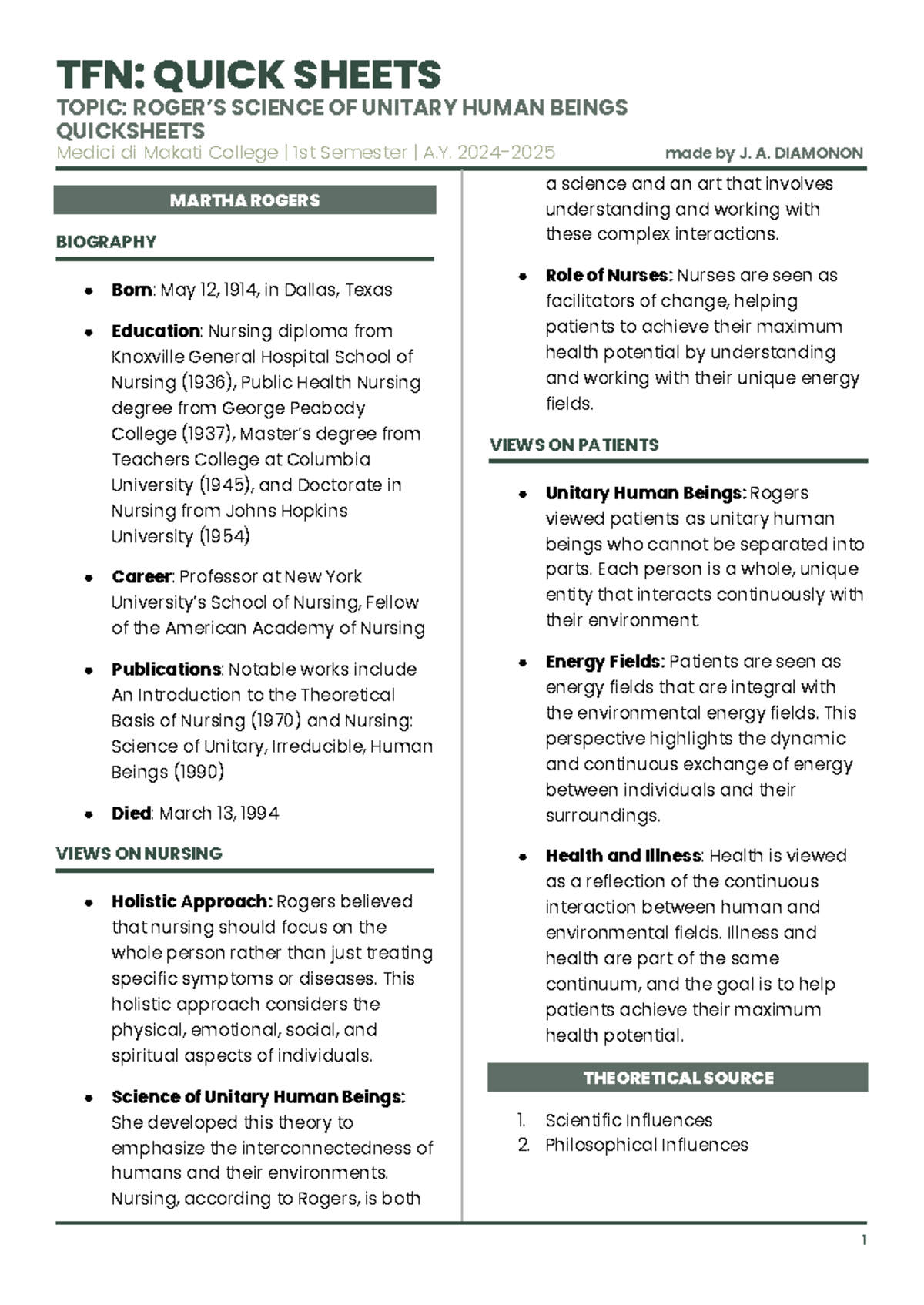 7.1 TFN Quick Sheets; Roger’S Science OF Unitary Human Beings Nursing ...