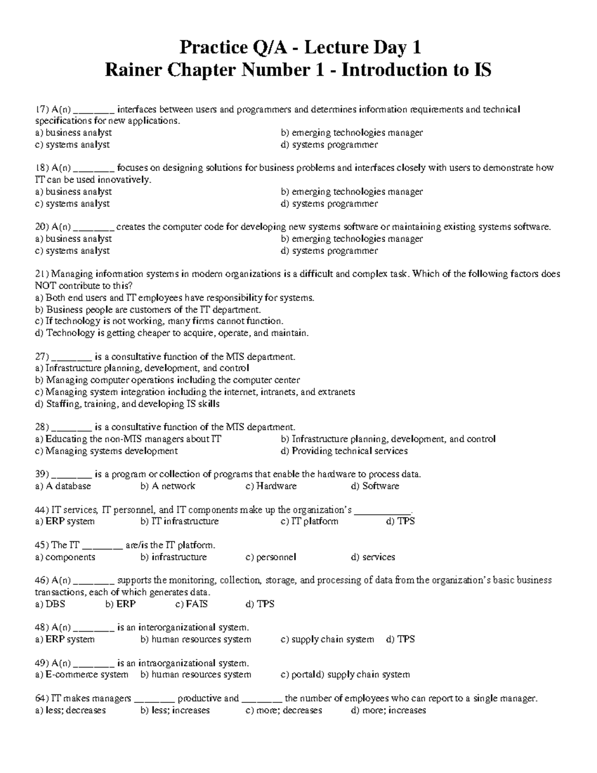 BCO1102 QA Lect1 Intro IS 2022 - Practice Q/A - Lecture Day 1 Rainer ...