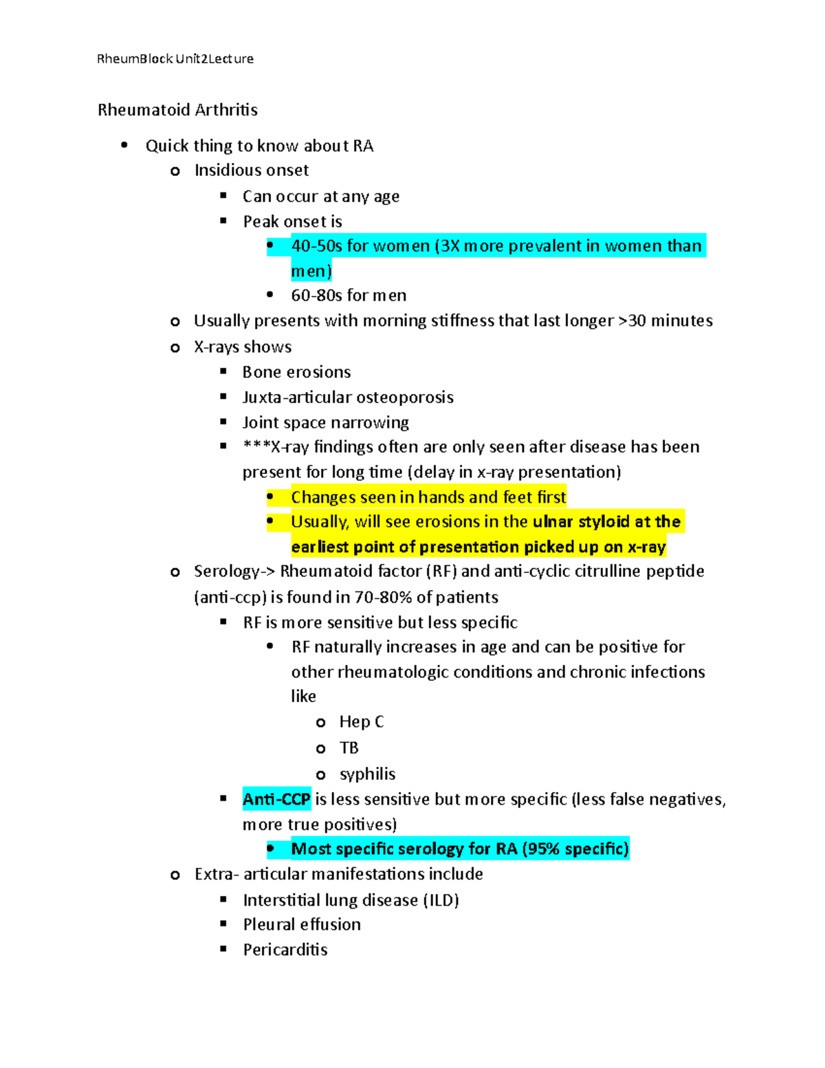 Unit2Lecture 6RA - This material was covered for the rheumatology test ...