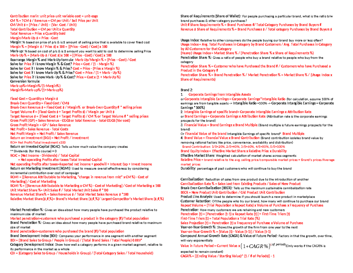 Formula sheet - Note - Contribution marin: unit price-unit variable ...