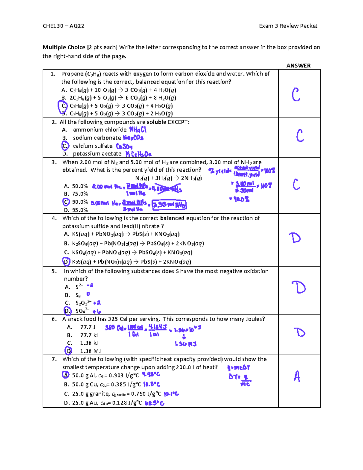 Exam 2 Review Packet Key - Multiple Choice [2 pts each] Write the ...