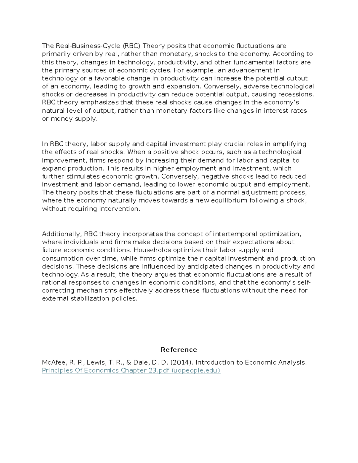 Econs learning journal 7 - The Real-Business-Cycle (RBC) Theory posits ...
