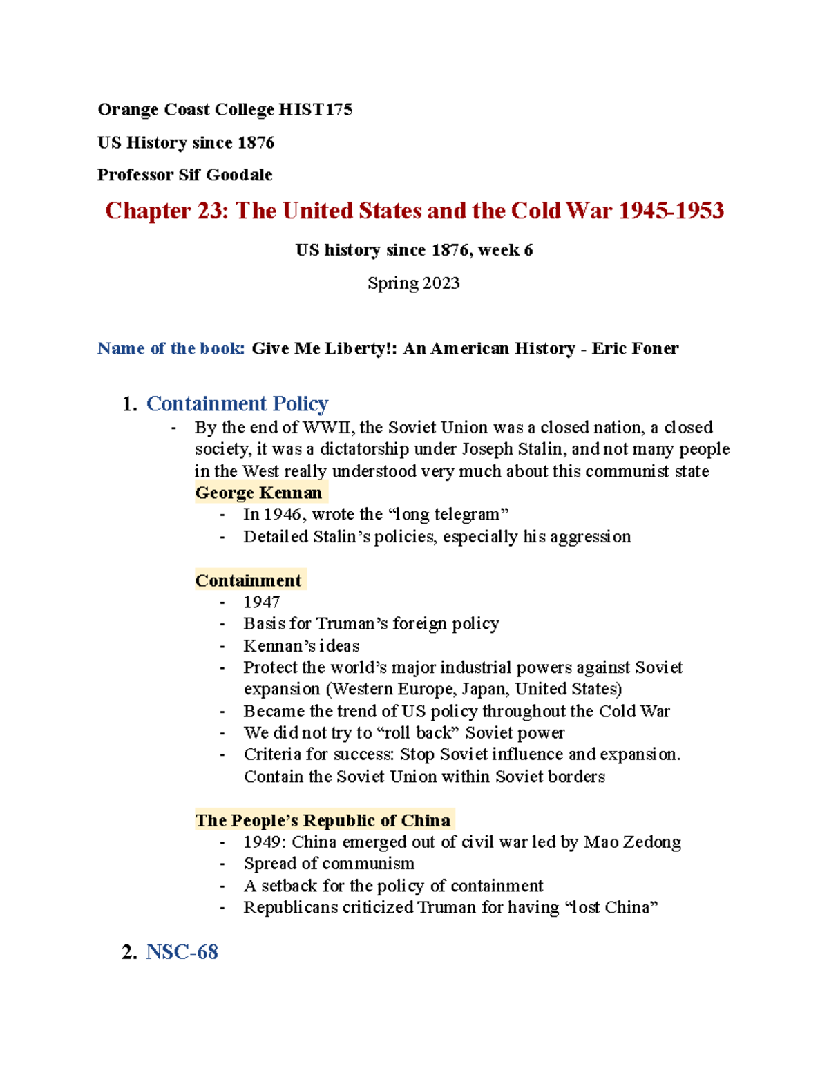 Chapter 23 The United States and the Cold War 1945-1953 - Orange Coast ...