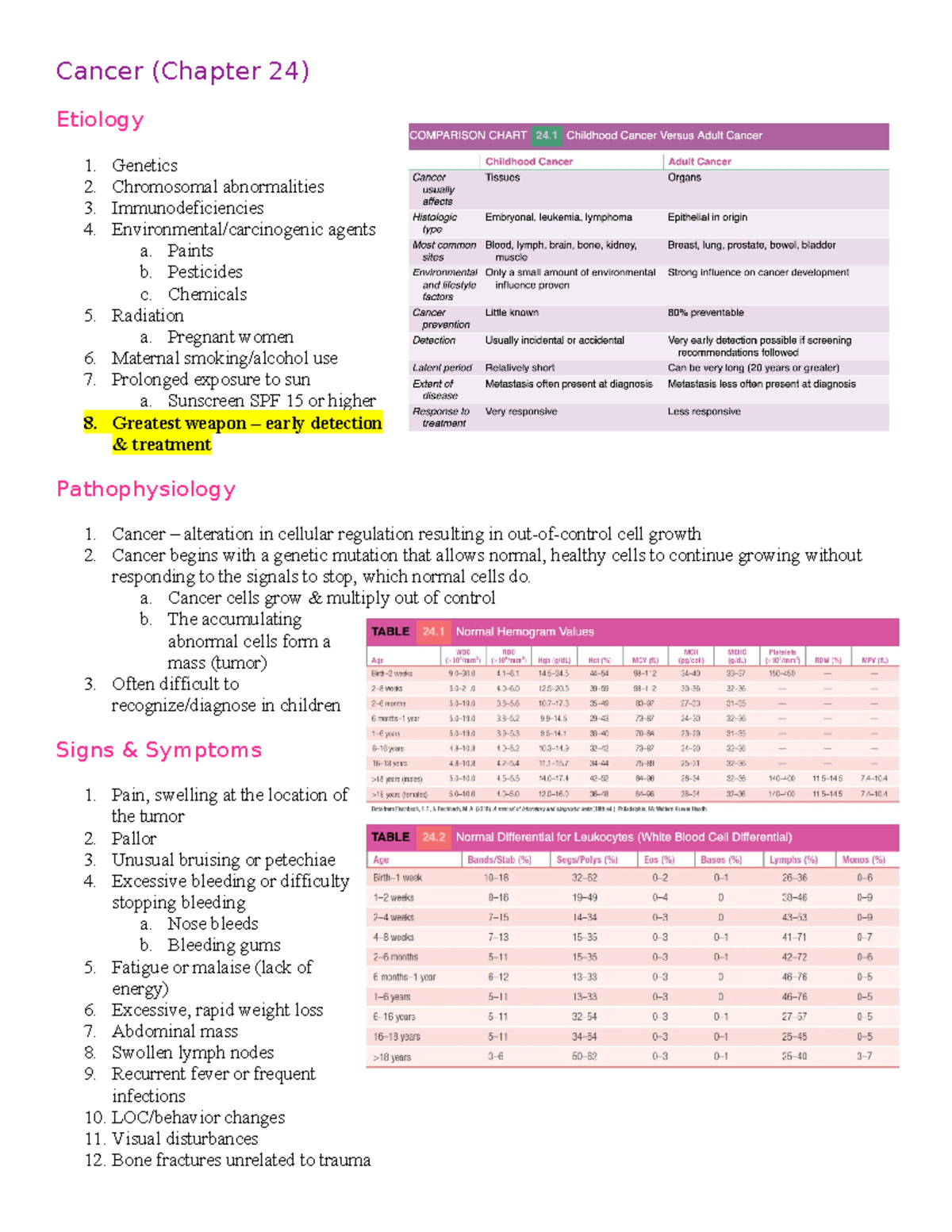 Cancer Notes - Cancer (Chapter 24) Etiology 1. Genetics 2. Chromosomal ...