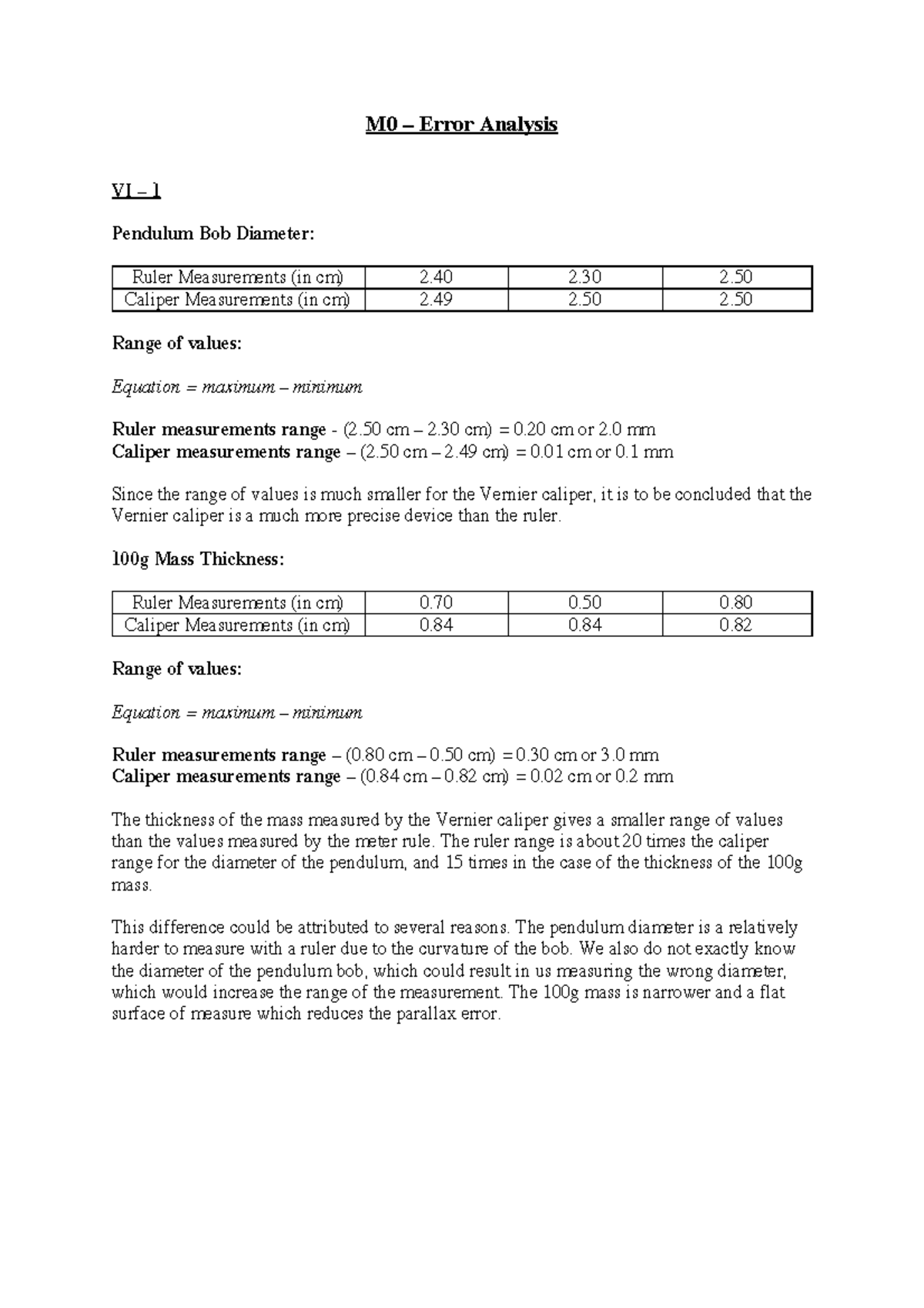M0 - Lab Report - M0 – Error Analysis VI – 1 Pendulum Bob Diameter ...