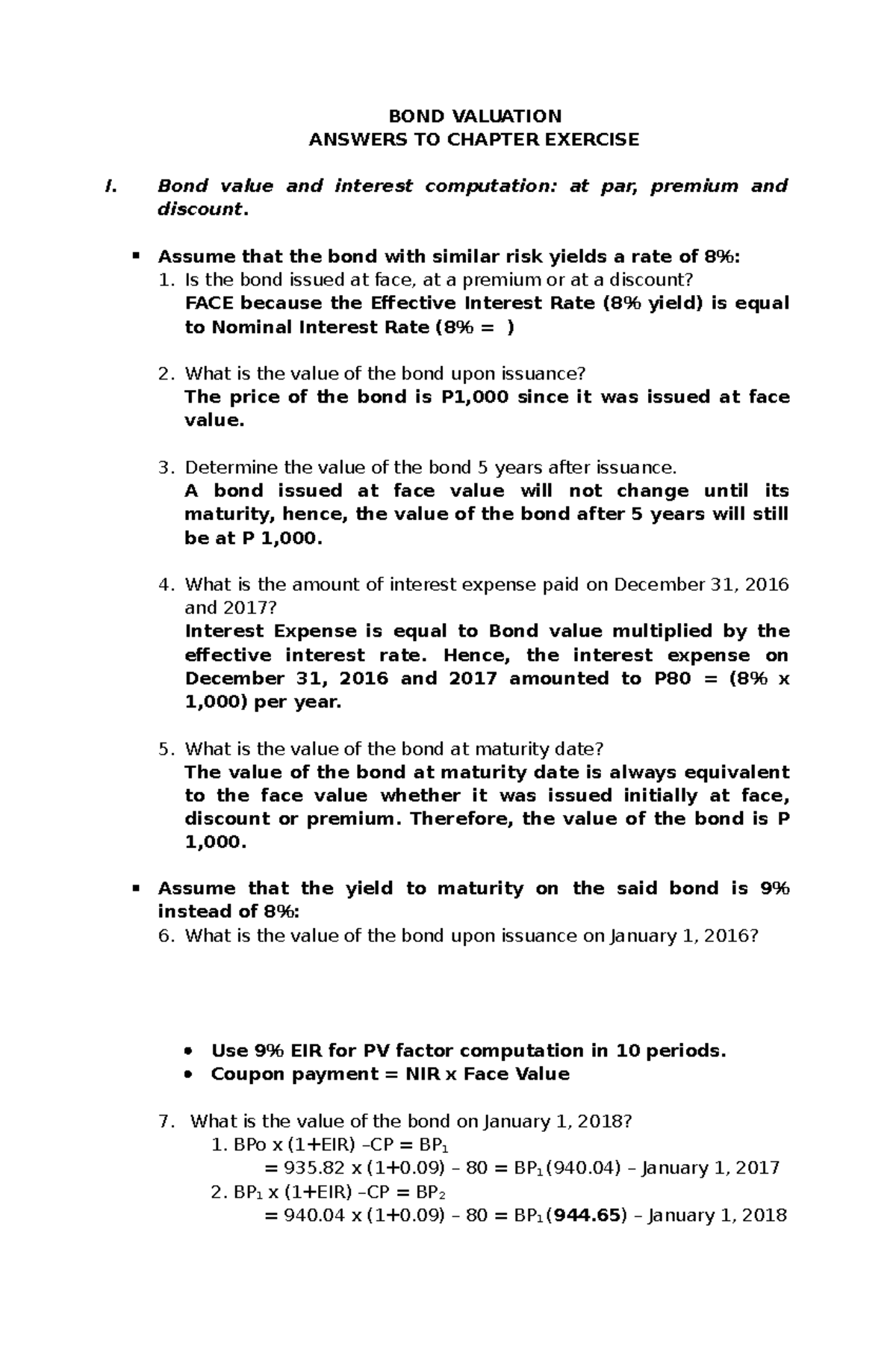 Chap-6 Bond-Valuation - BOND VALUATION ANSWERS TO CHAPTER EXERCISE I. Bond value and interest ...