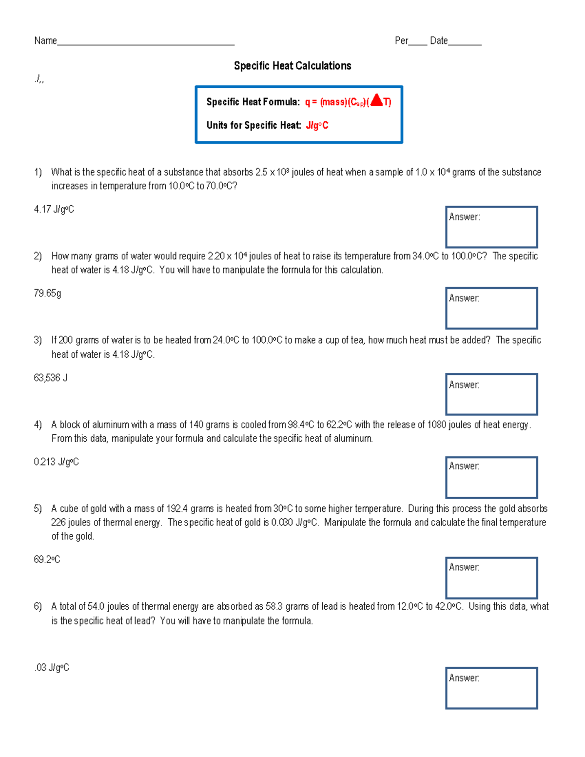 Specific Heat Calculations - Name ...