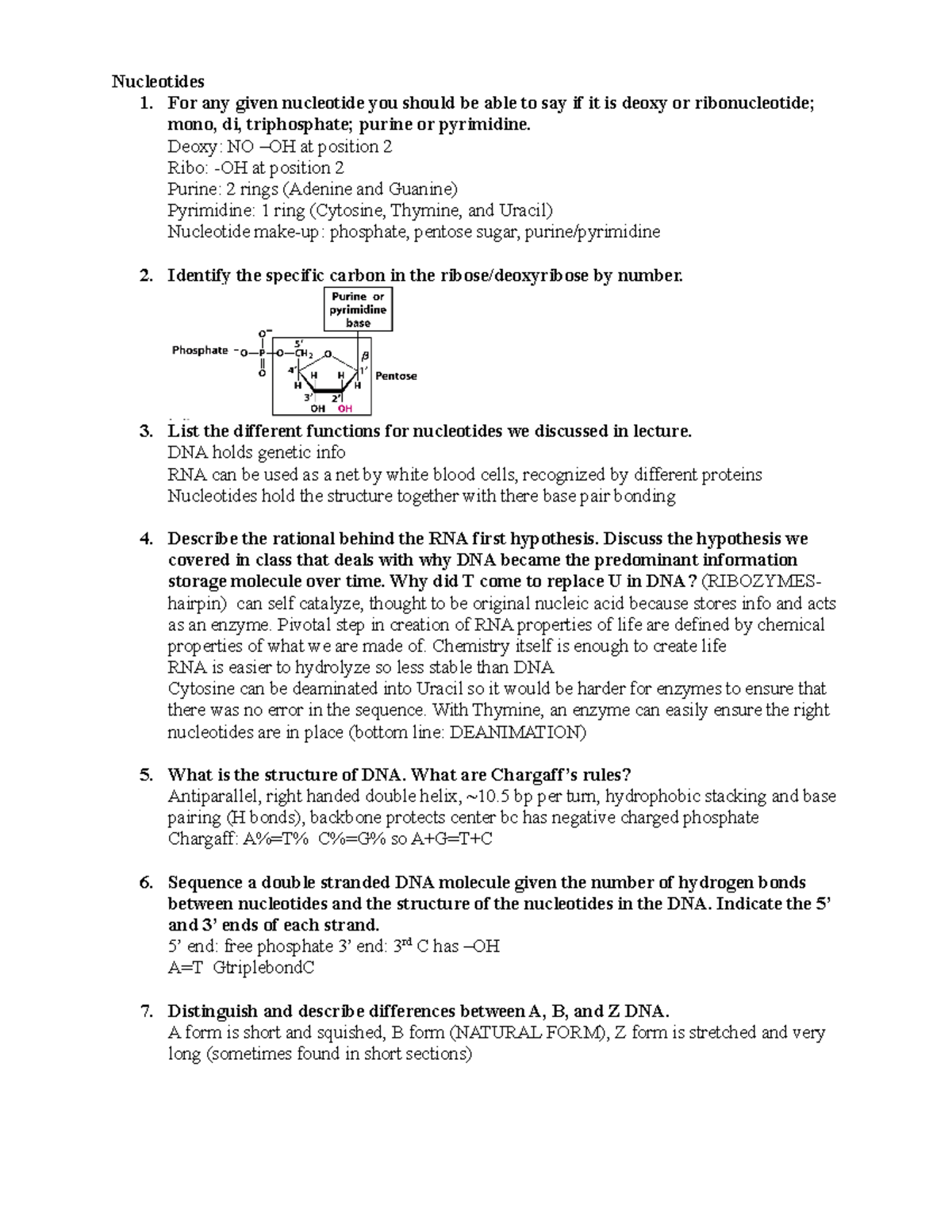 Biochem test 3 study guide - Nucleotides 1. For any given nucleotide ...