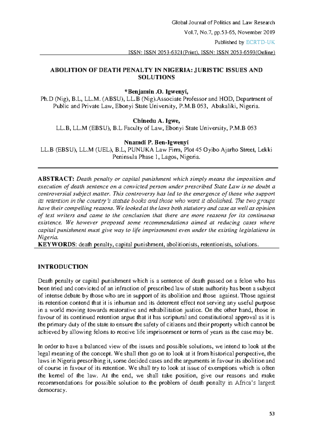 Abolition of Death Penalty in Nigeria - Vol, No, pp-65, November 2019 ...