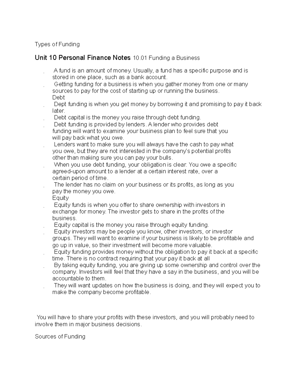 Finance 340 Unit 10 Notes - Types of Funding Unit 10 Personal Finance ...