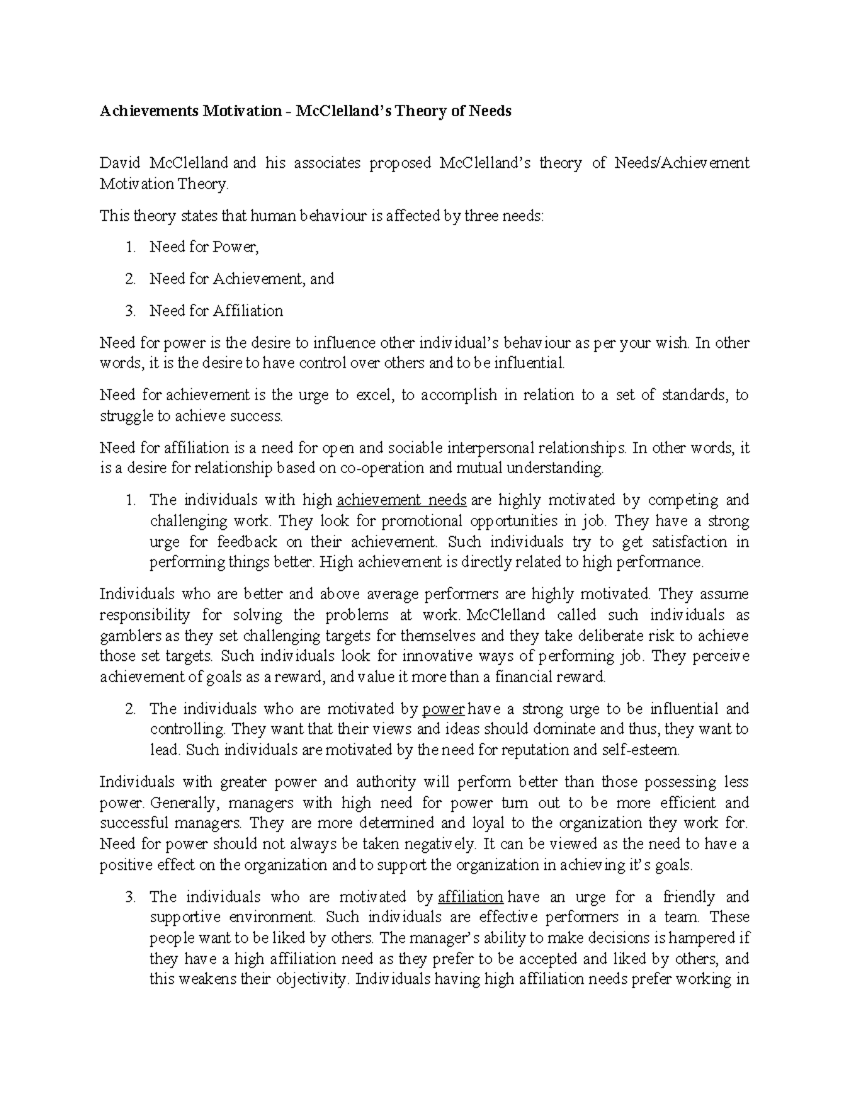 Achievements Motivation - This theory states that human behaviour is ...