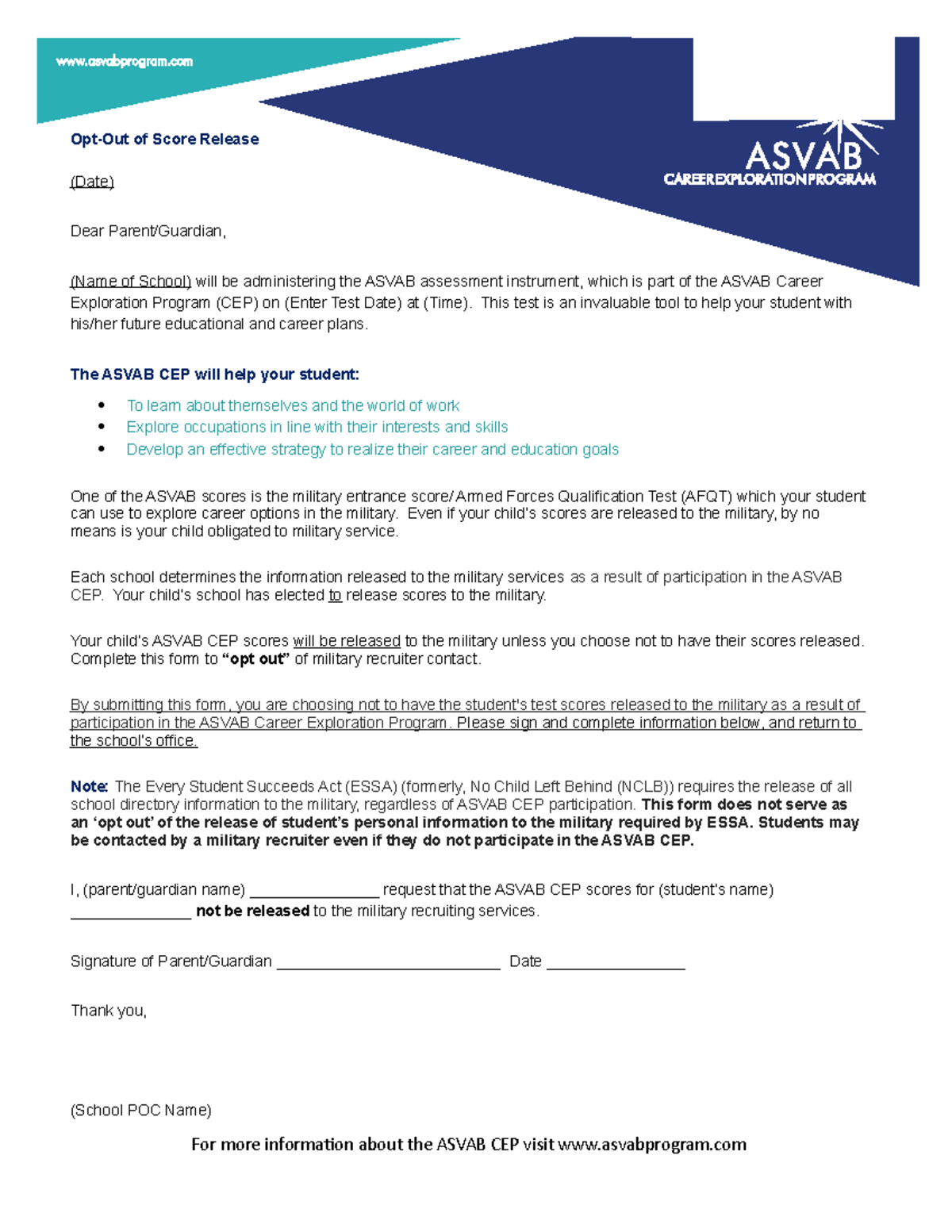 Asvab CEP Opt Out Letter - Opt-Out of Score Release (Date) Dear Parent ...
