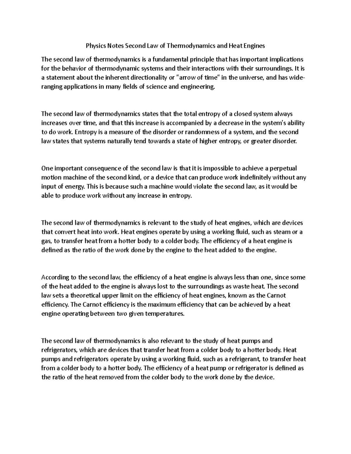 Physics Notes Second Law of Thermodynamics and Heat Engines - It is a ...