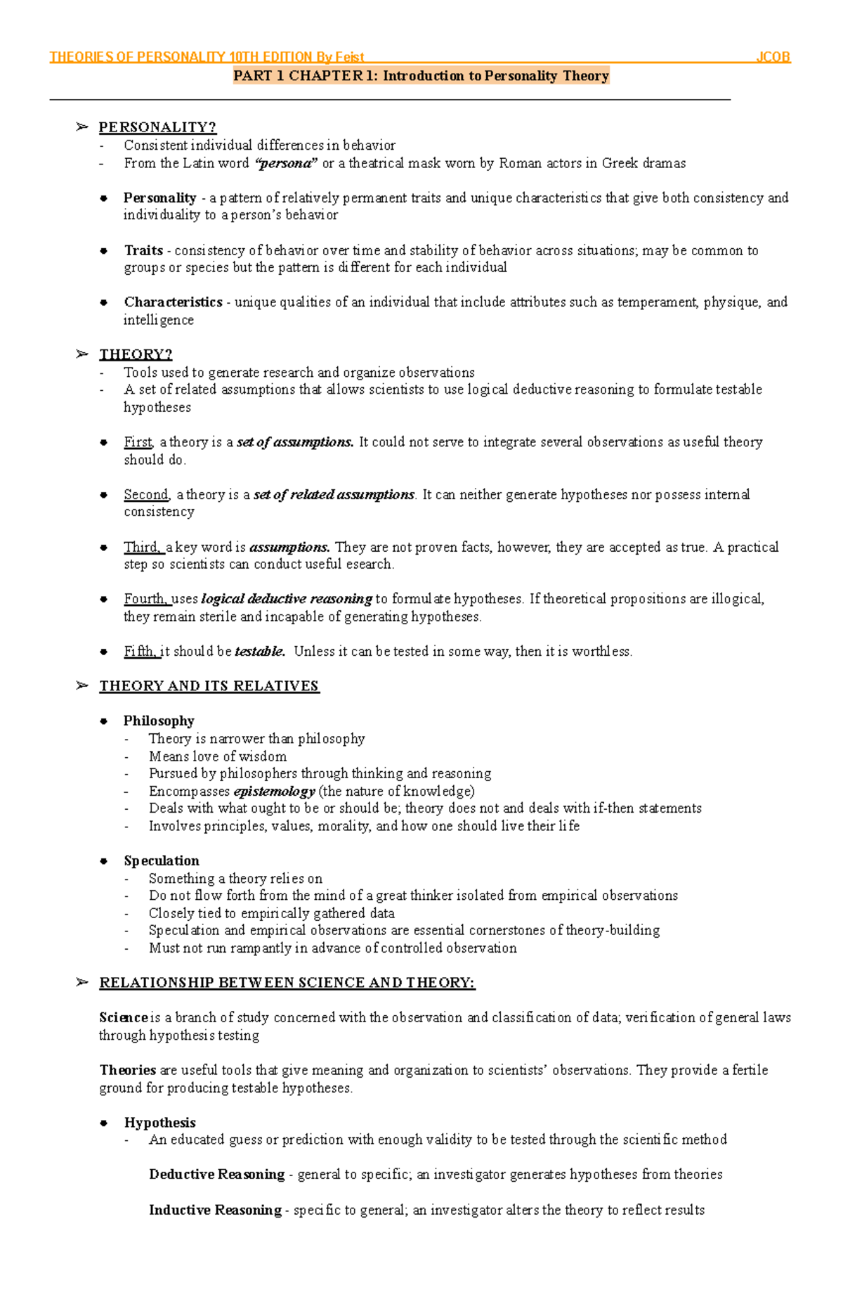 TOP lecture notes - PART 1 CHAPTER 1: Introduction to Personality ...
