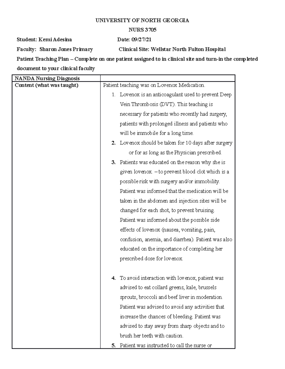 Clinical Teaching - assignment - UNIVERSITY OF NORTH GEORGIA NURS 3705 ...
