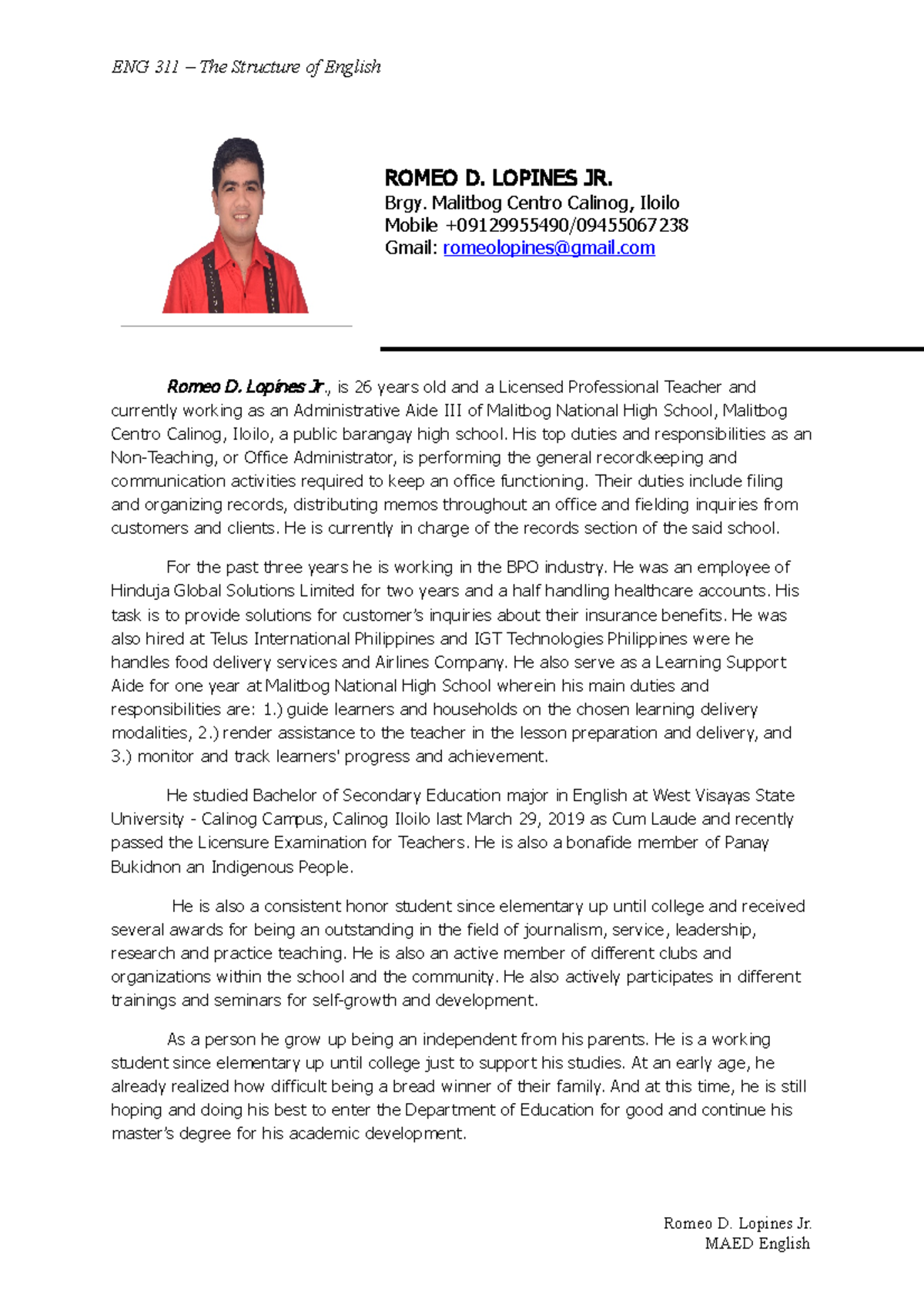 311 BIO NOTE W1 Summer 2022 - ENG 311 – The Structure of English ROMEO ...