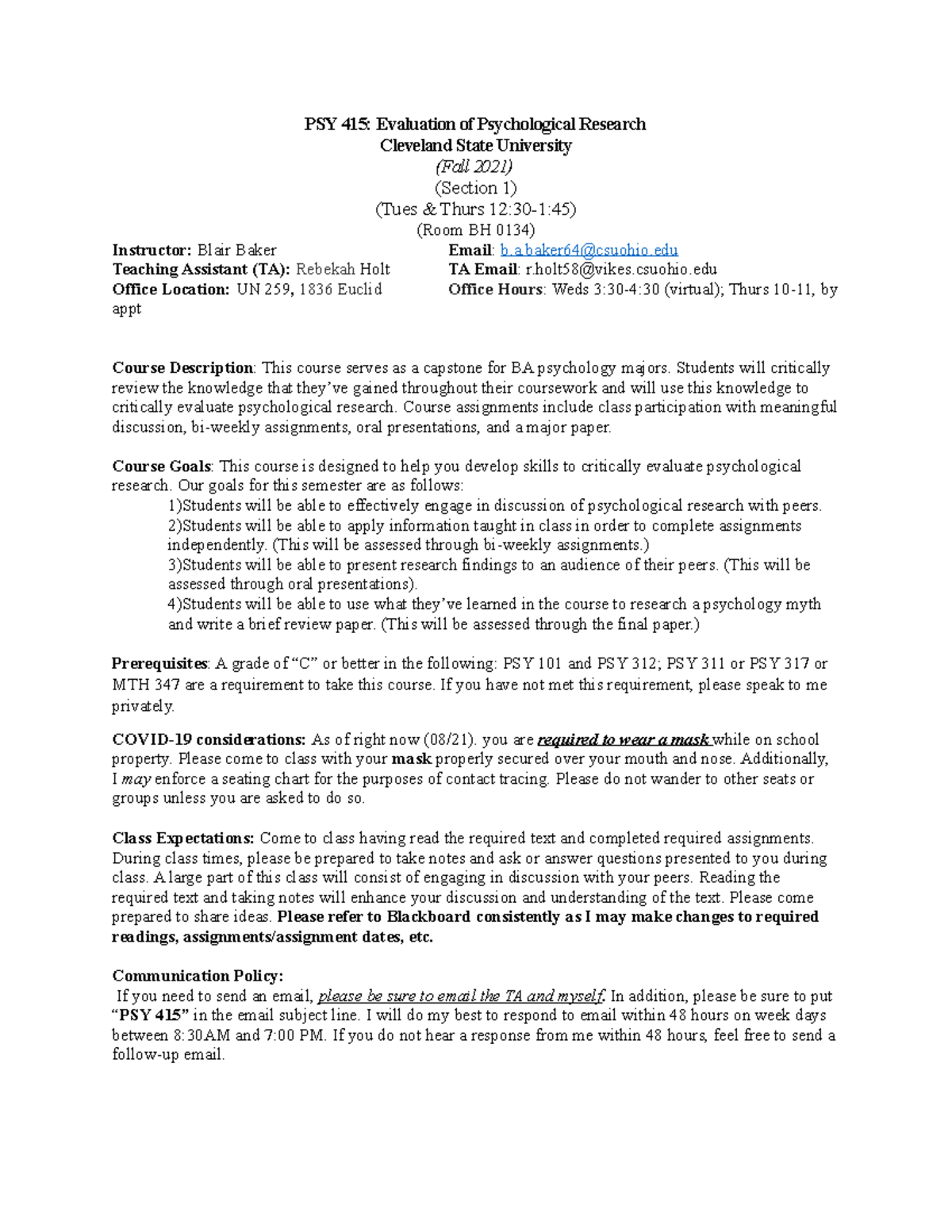 Psy 415 Syllabus - semester overview - PSY 415: Evaluation of Psychological Research Cleveland ...