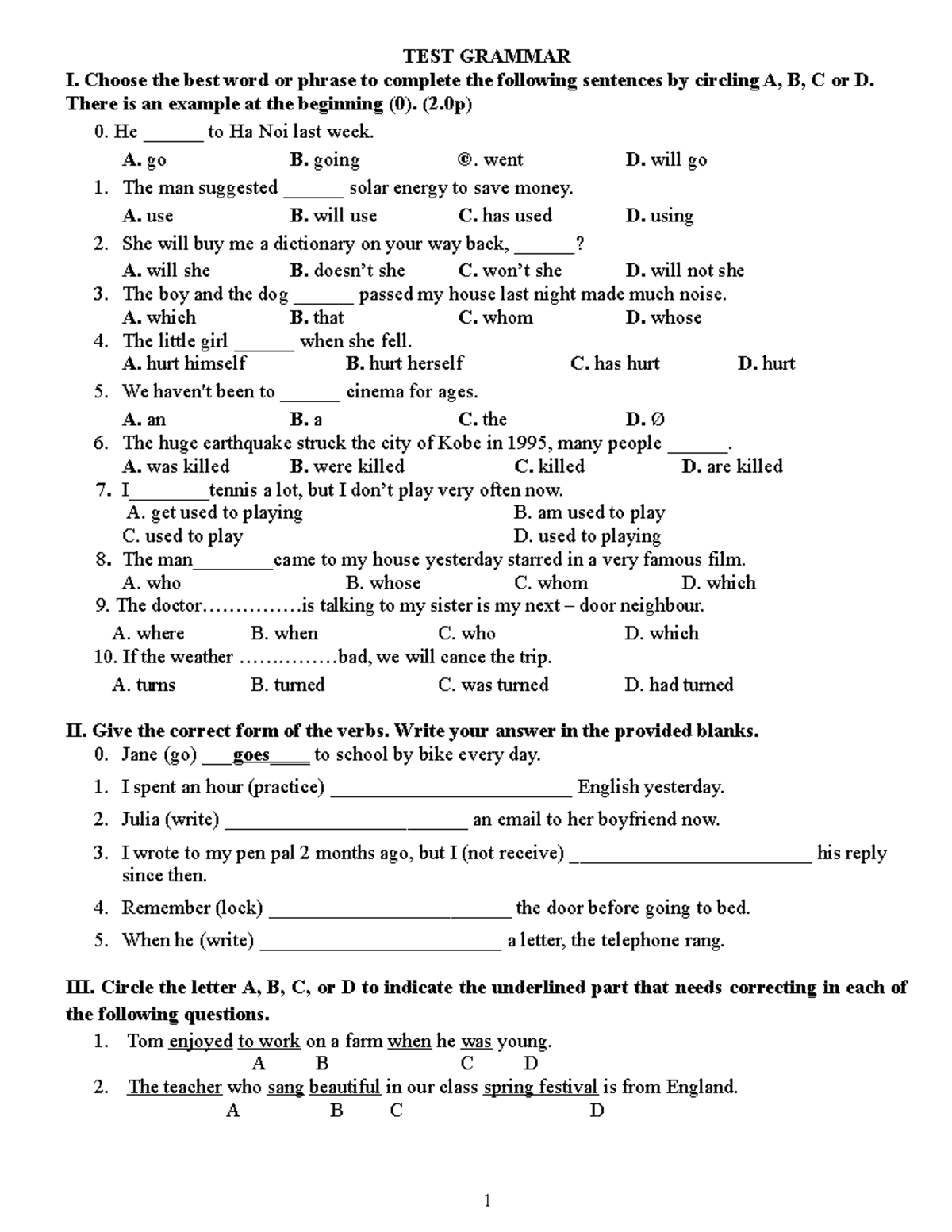 TEST Grammar 1 - bài tập ngữ pháp TA cơ bản - TEST GRAMMAR I. Choose ...