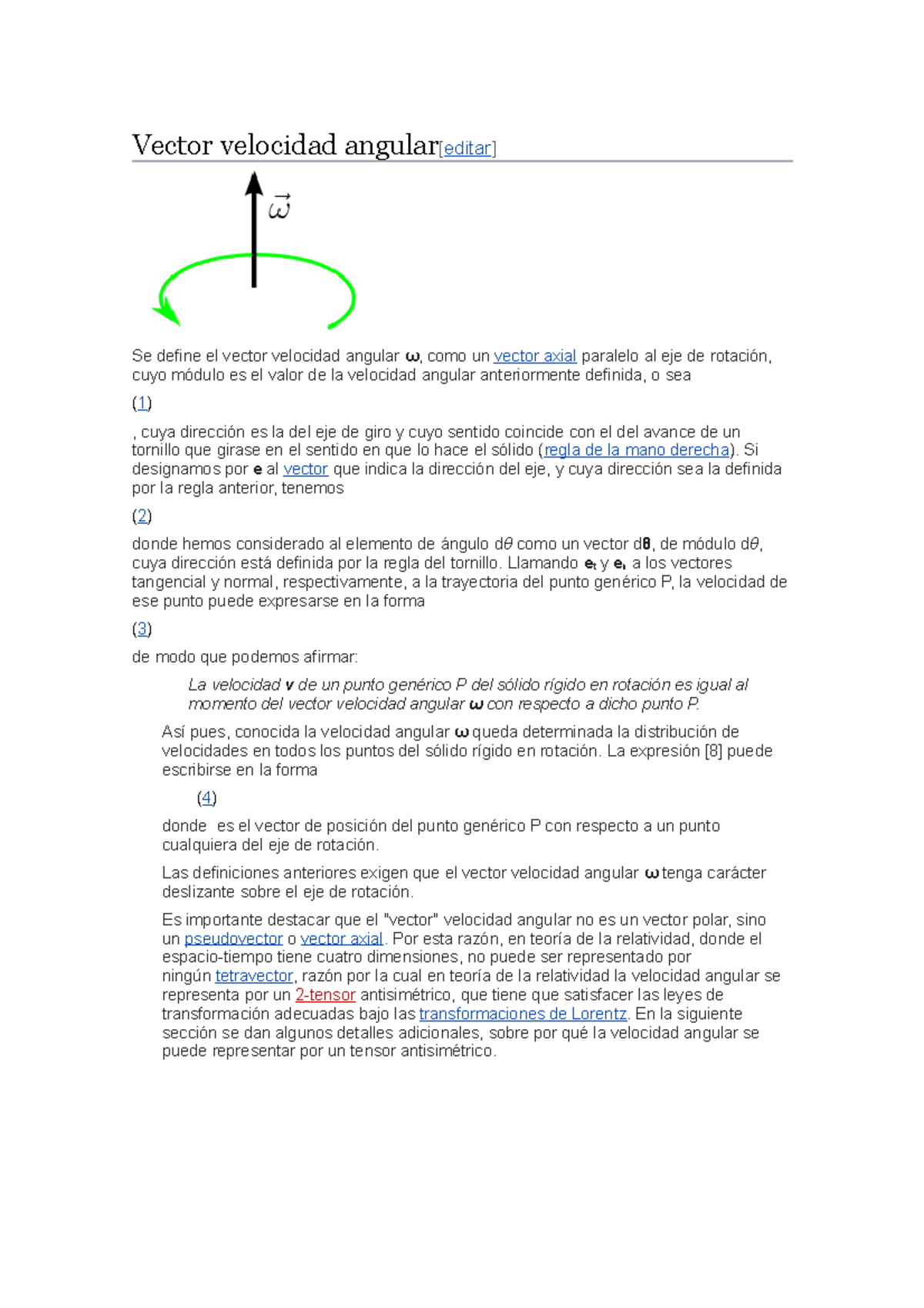 Vector velocidad angular - Si designamos por e al vector que indica la dirección del eje, y cuya ...
