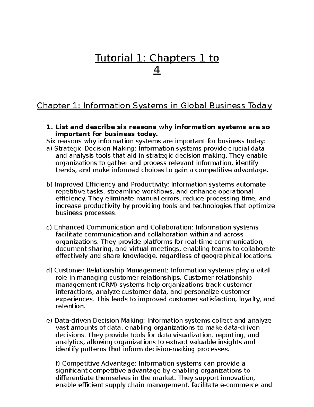 Tutorial 1 - Tutorial 1: Chapters 1 to 4 Chapter 1: Information Systems ...
