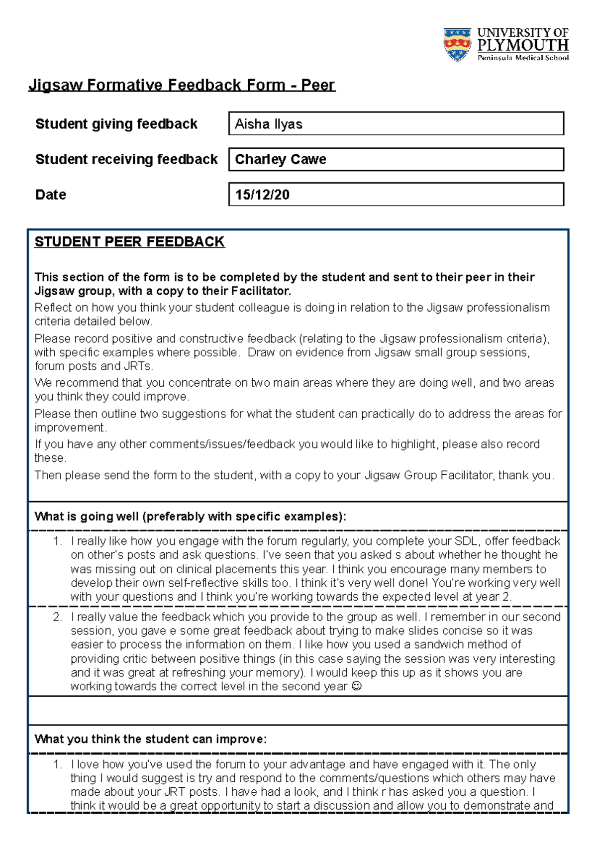 Jigsaw Formative Feedback Form - l - Jigsaw Formative Feedback Form ...