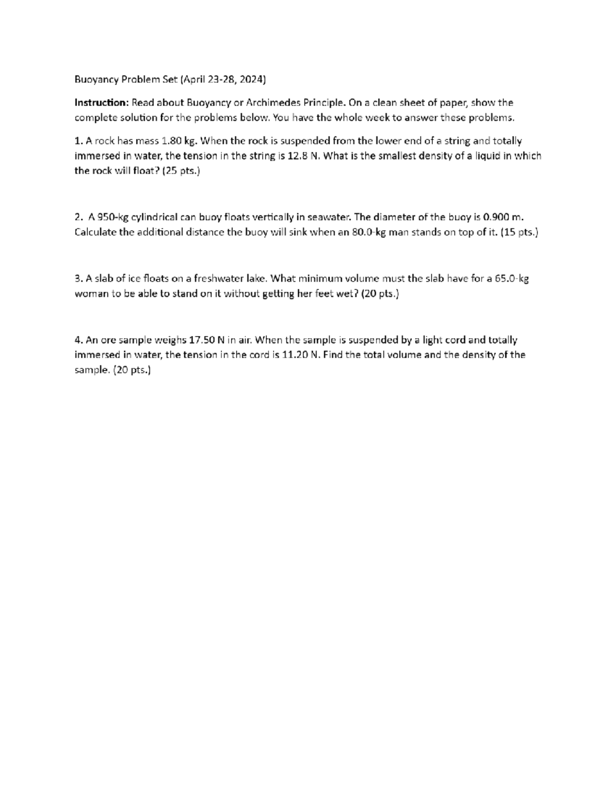 Problem-Set Buoyancy - Fluid Mechanics - Studocu