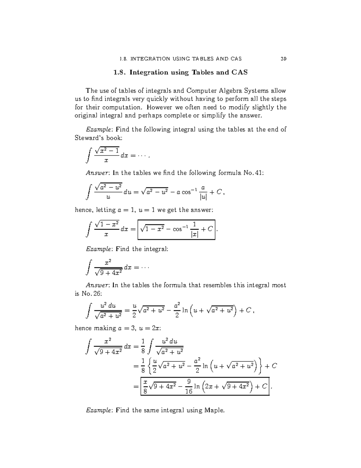 Calc 1 - Calc 2 notes - INTEGRATION USING TABLES AND CAS 39 Integration ...