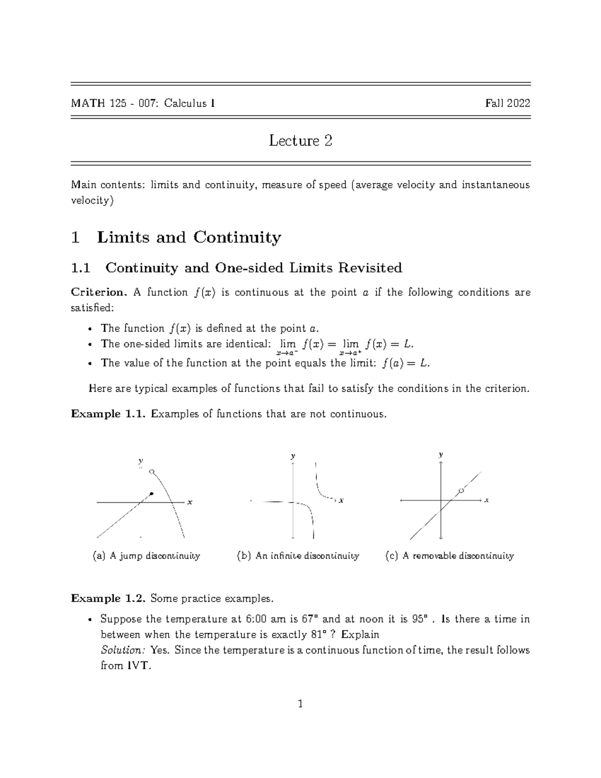 Lesson 2 - Introduction to Limits and Continuity - MATH 125 - 007: Calculus I Fall 2022 Lecture ...