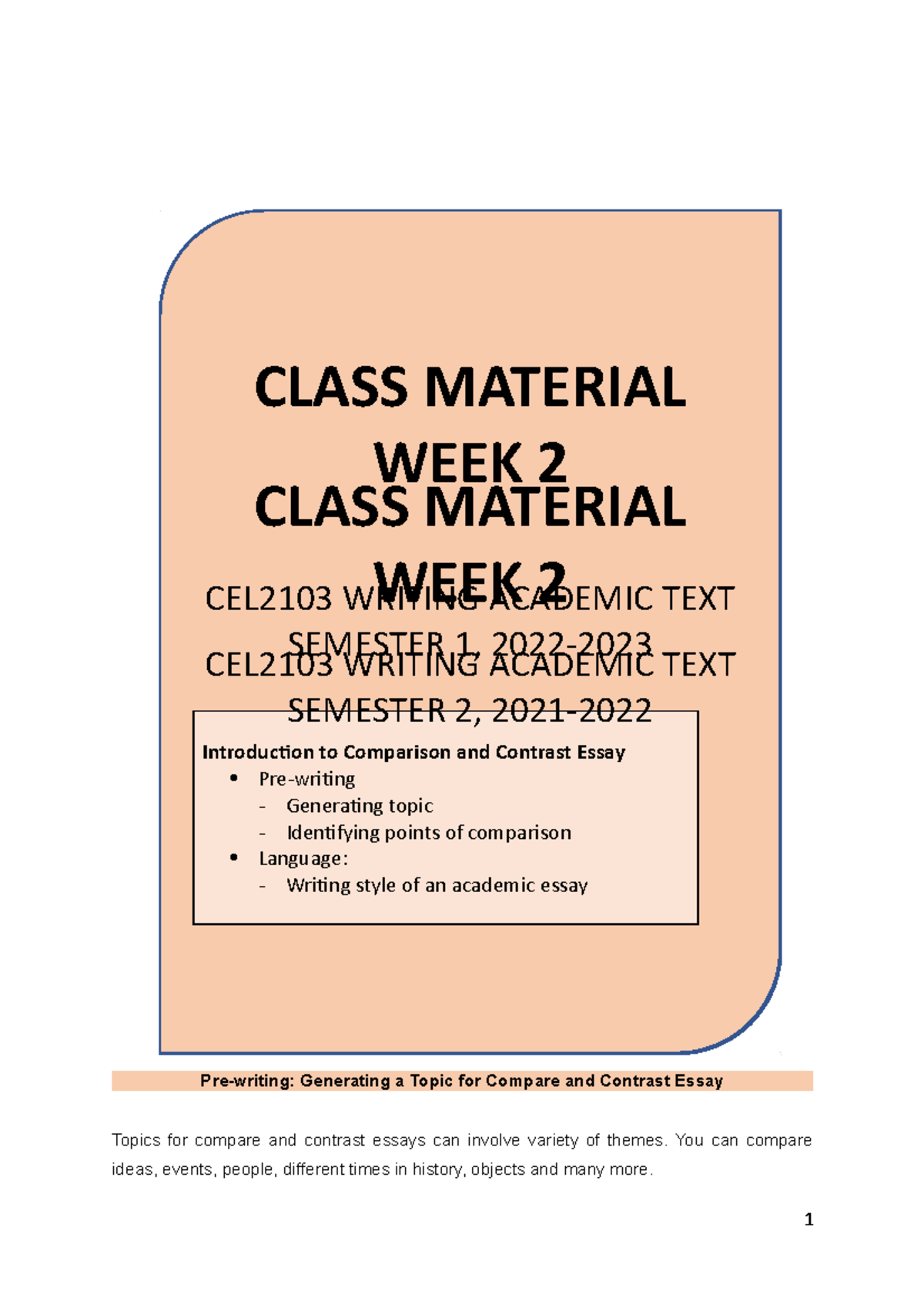 Class Material WEEK 2 - CEL SCL WORKSHEET - Pre-writing: Generating a ...