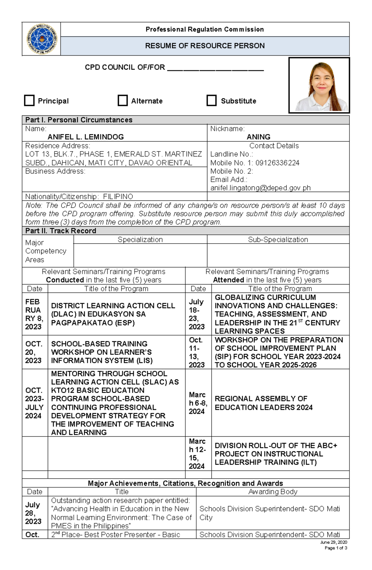 CPDD-17 (PRC Resume) - nubo - CPDD- Rev. 00 June 29, 2020 Page 1 of 3 Professional Regulation ...
