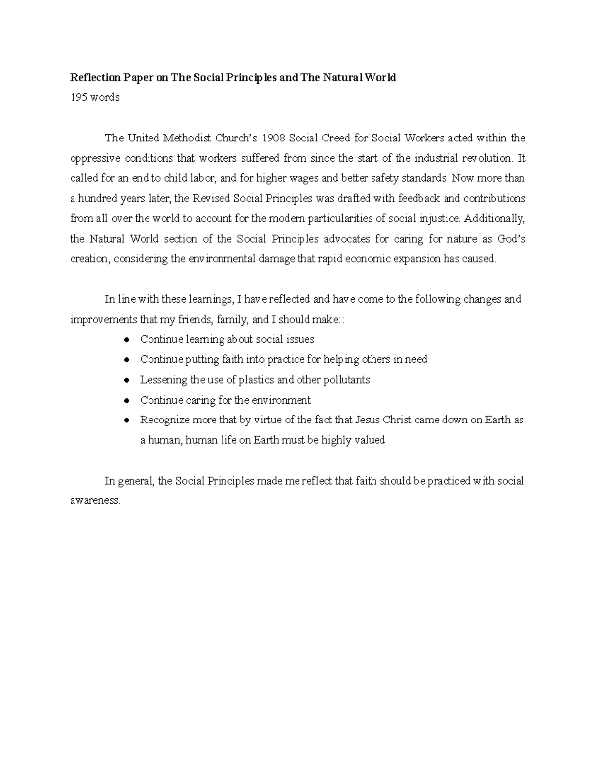 Methodist Social Principle Reflection Paper 1 - Humanities and Social ...