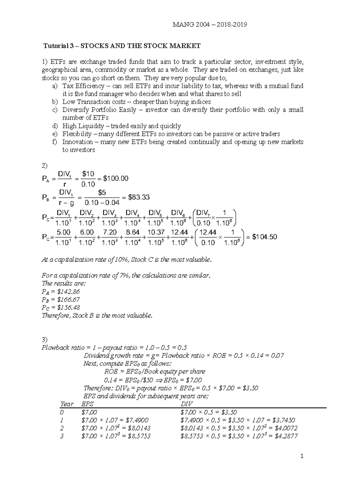 Tutorial 3 shares answers - Tutorial 3 – STOCKS AND THE STOCK MARKET ...