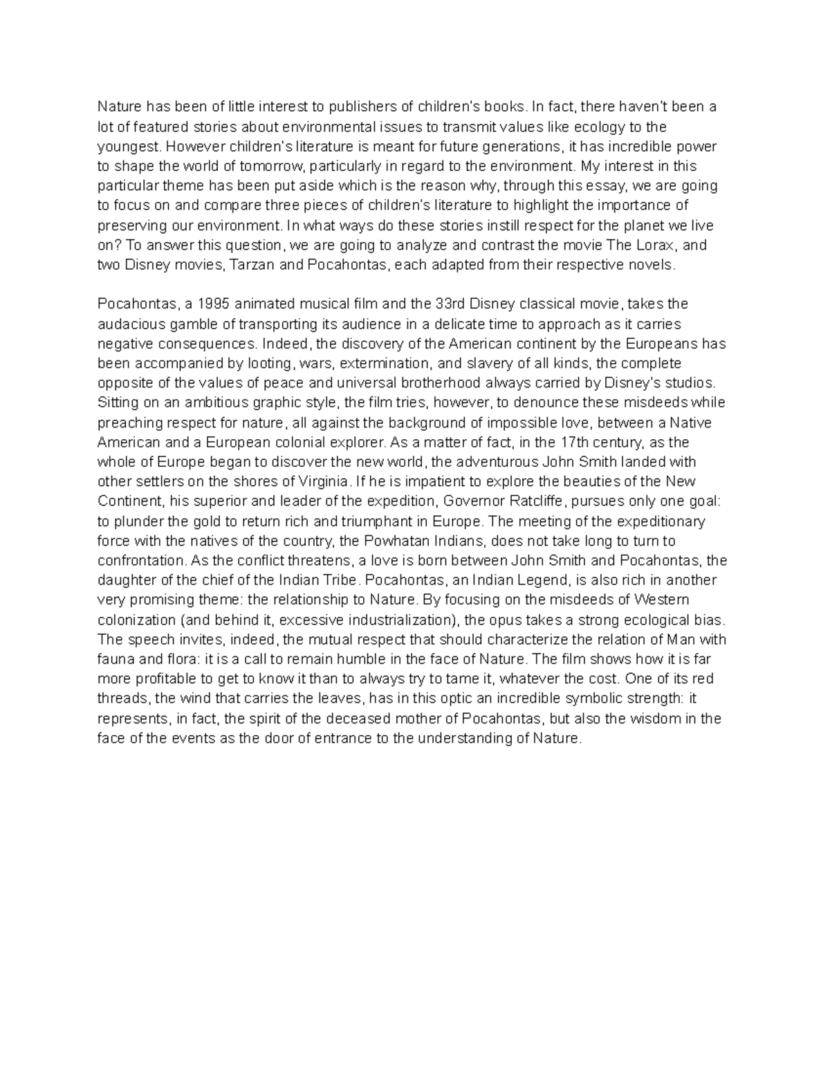 Analysis of Disney Animated Film about Pocahontas - Nature has been of ...