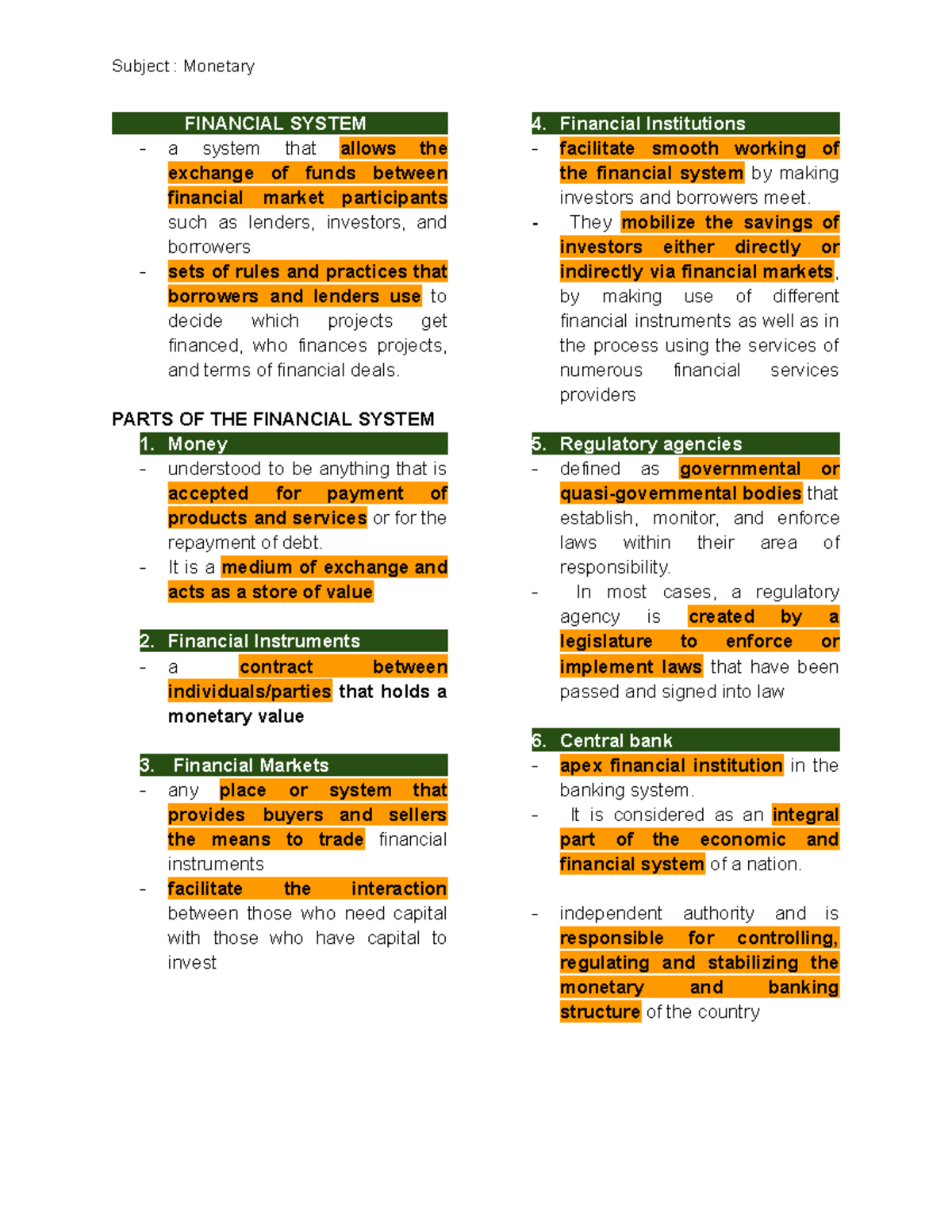 Chapter 2 - notes - Subject : Monetary FINANCIAL SYSTEM a system that ...